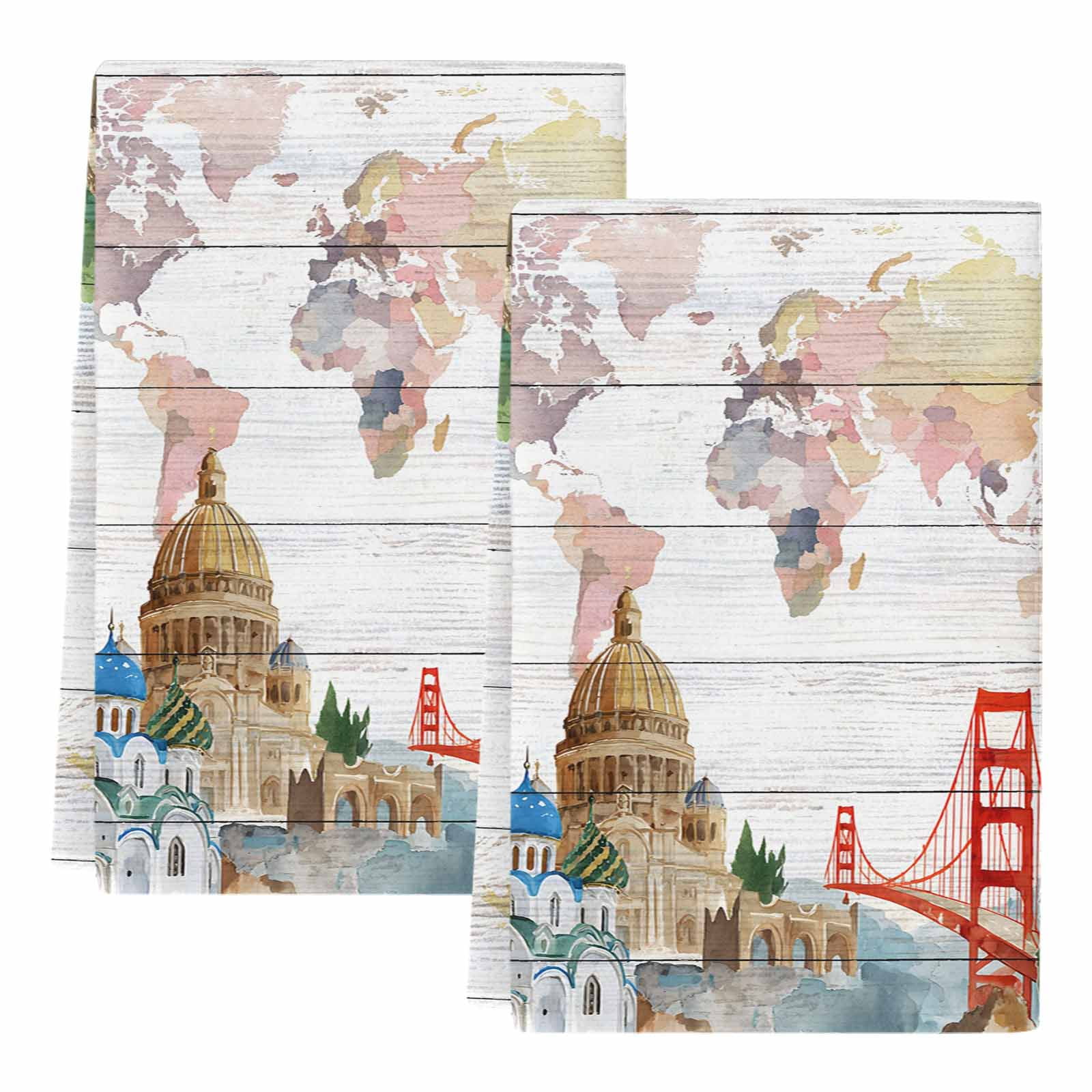 Dish Towels, World Map Absorbent Kitchen Towels 2 PCS, Famous Building ...