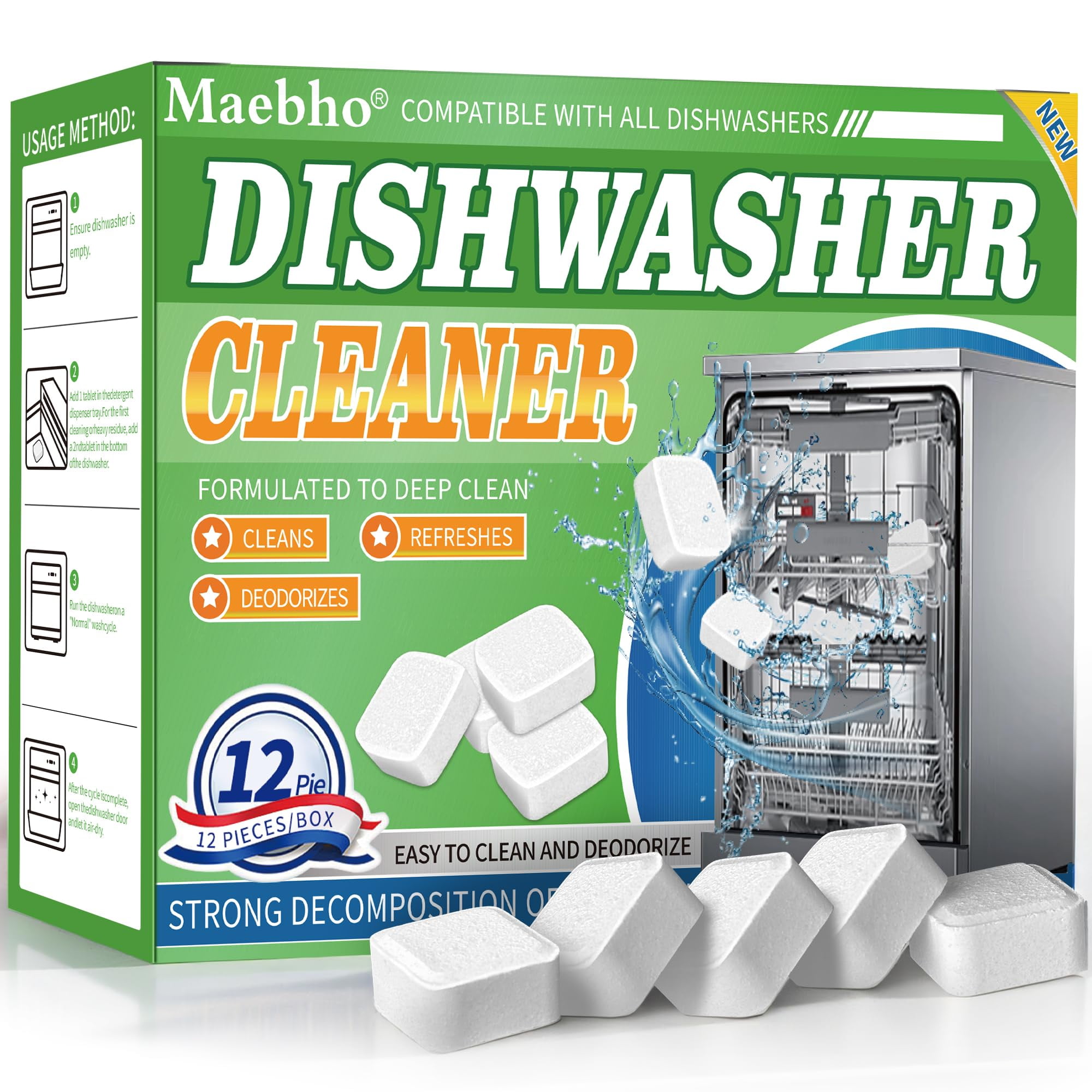Dishwasher Cleaner and Deodorizer Tablets-12 Pack, Heavy Duty Deep ...