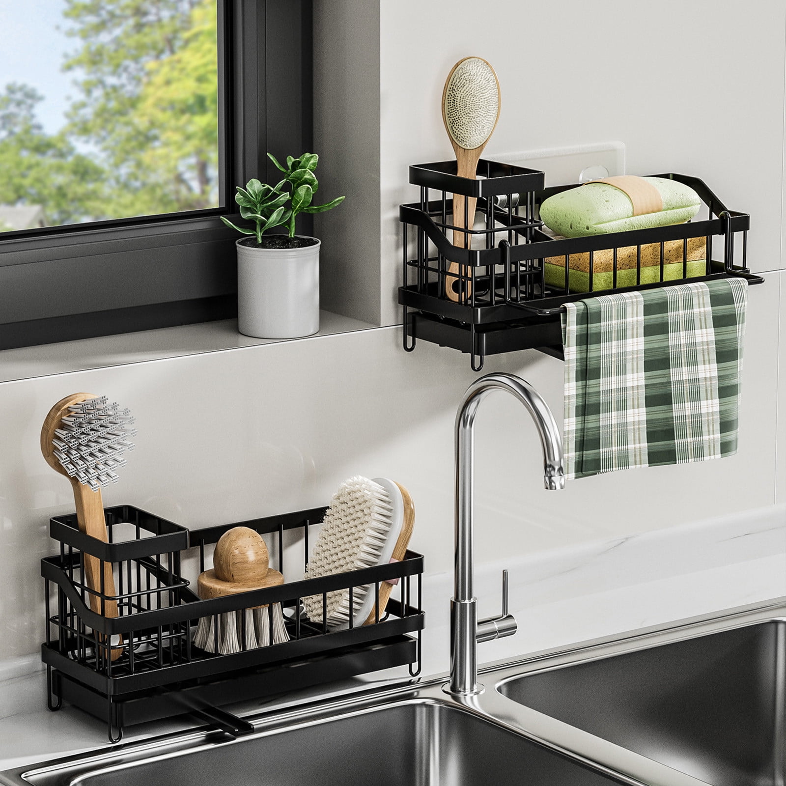 Dishwashing Sponge Rack, No Hole Wall Mounted Iron Organizer with Towel ...