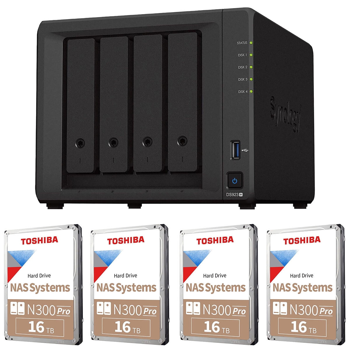 Synology DiskStation DS923+ 4-Bay NAS Enclosure, Bundle with 4x Toshiba N300 Pro 16TB SATA III 3 ...