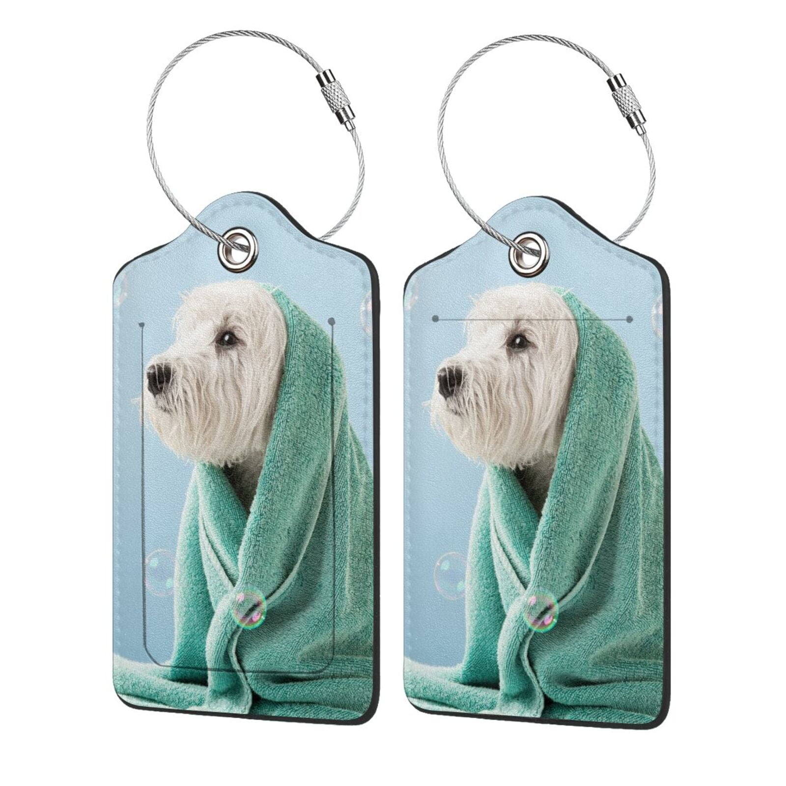 Disketp 2 Pcs Luggage Tag For Suitcase,Dog Wrapped In Towel Leather Baggage Tag With Stainless ...
