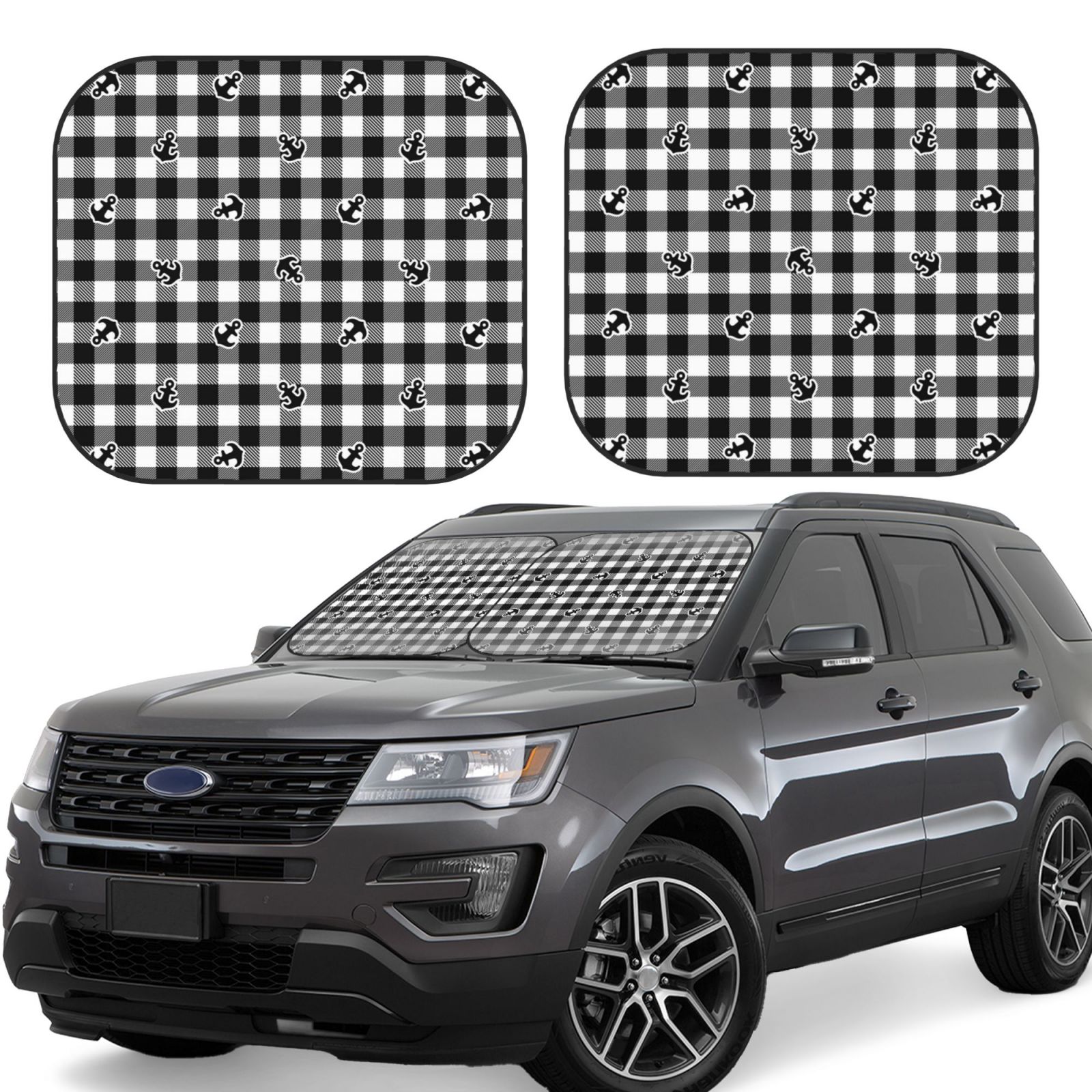 Disketp 2 Piece Anchor Black Tartan Plaid Pattern Windshield Sunshades ...