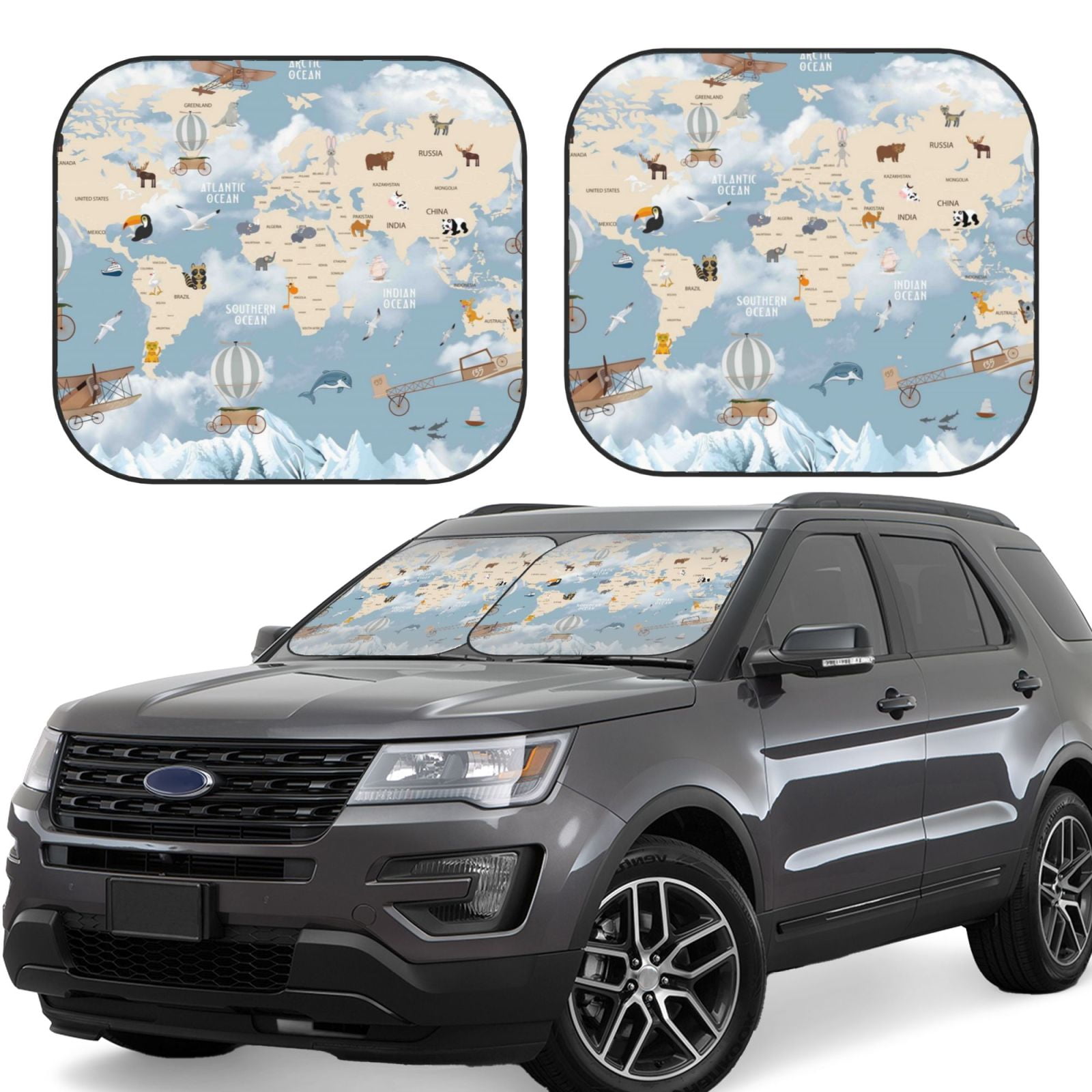 Disketp 2 Piece Animals Travel World Map Pattern Windshield Sunshades ...