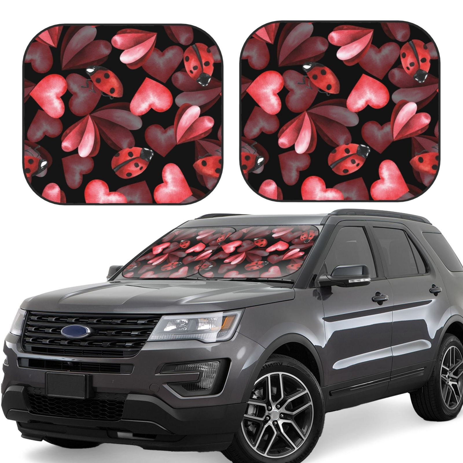 Disketp 2 Piece Ladybugs And Red Hearts Pattern Windshield Sunshades ...