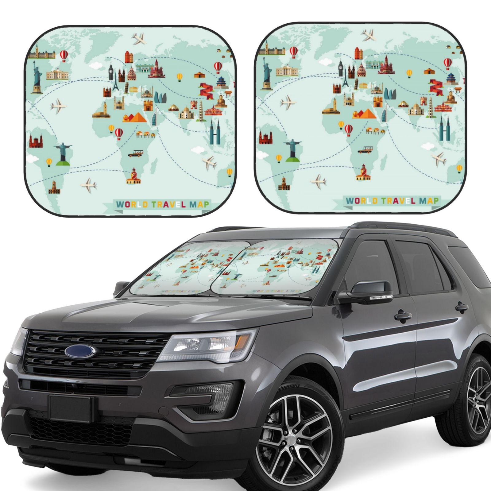 Disketp 2 Piece World Travel Map Pattern Windshield Sunshades,Folding ...