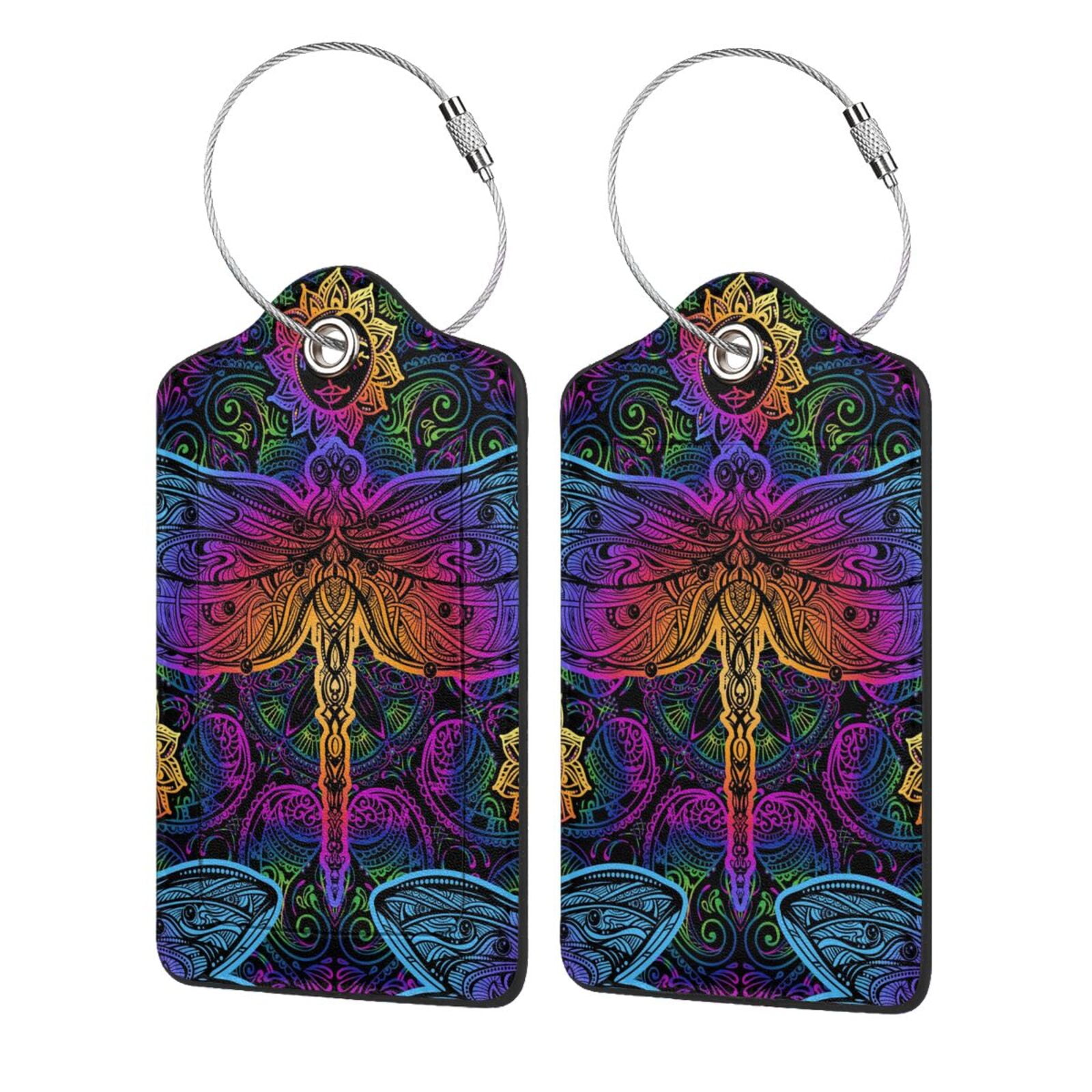 Disketp 4 Pcs Luggage Tag For Suitcase,Indian Mandalas Dragonfly Leather Baggage Tag With ...