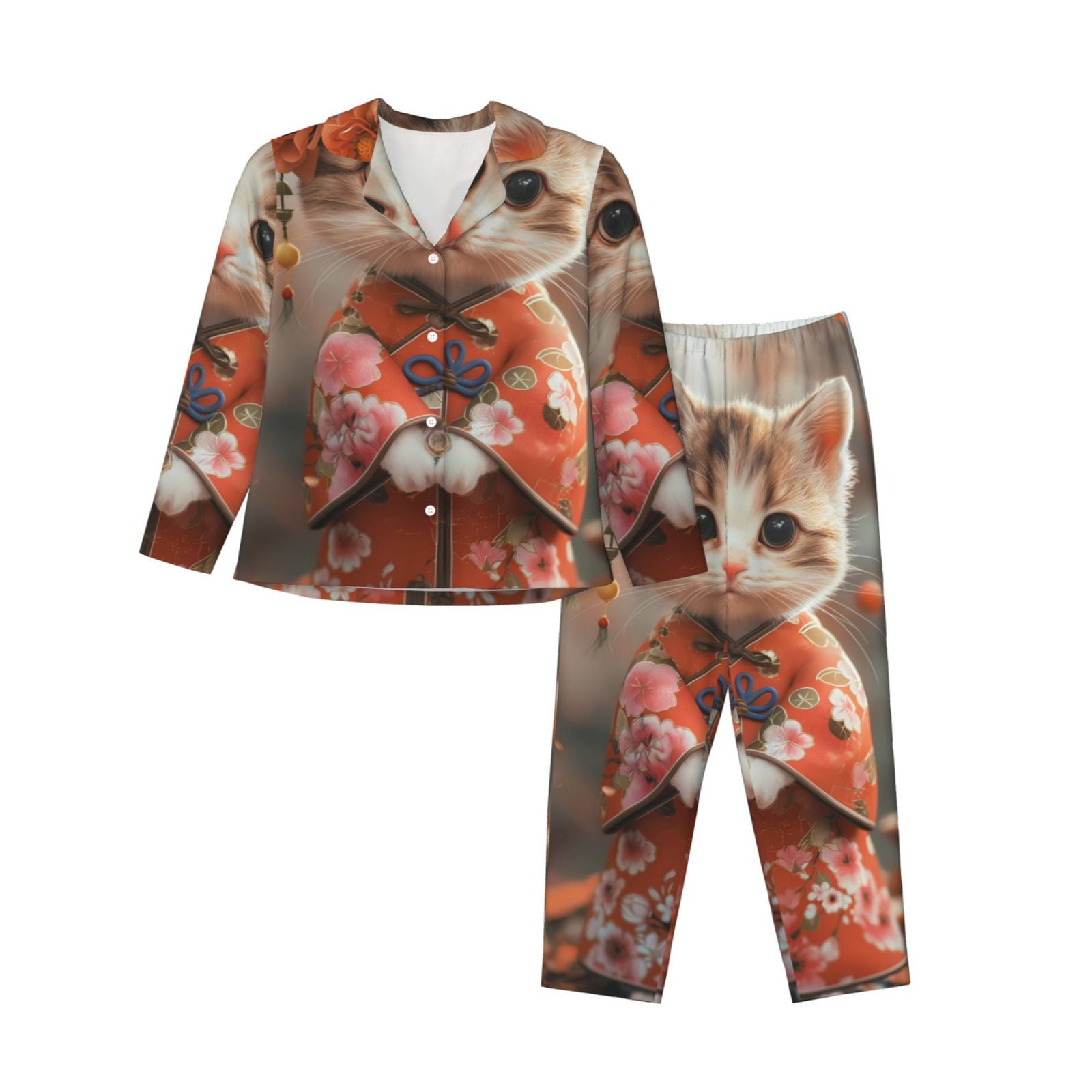 Disketp Adorable Kitten In Kimono Pajamas Set Long Sleeve Sleepwear ...