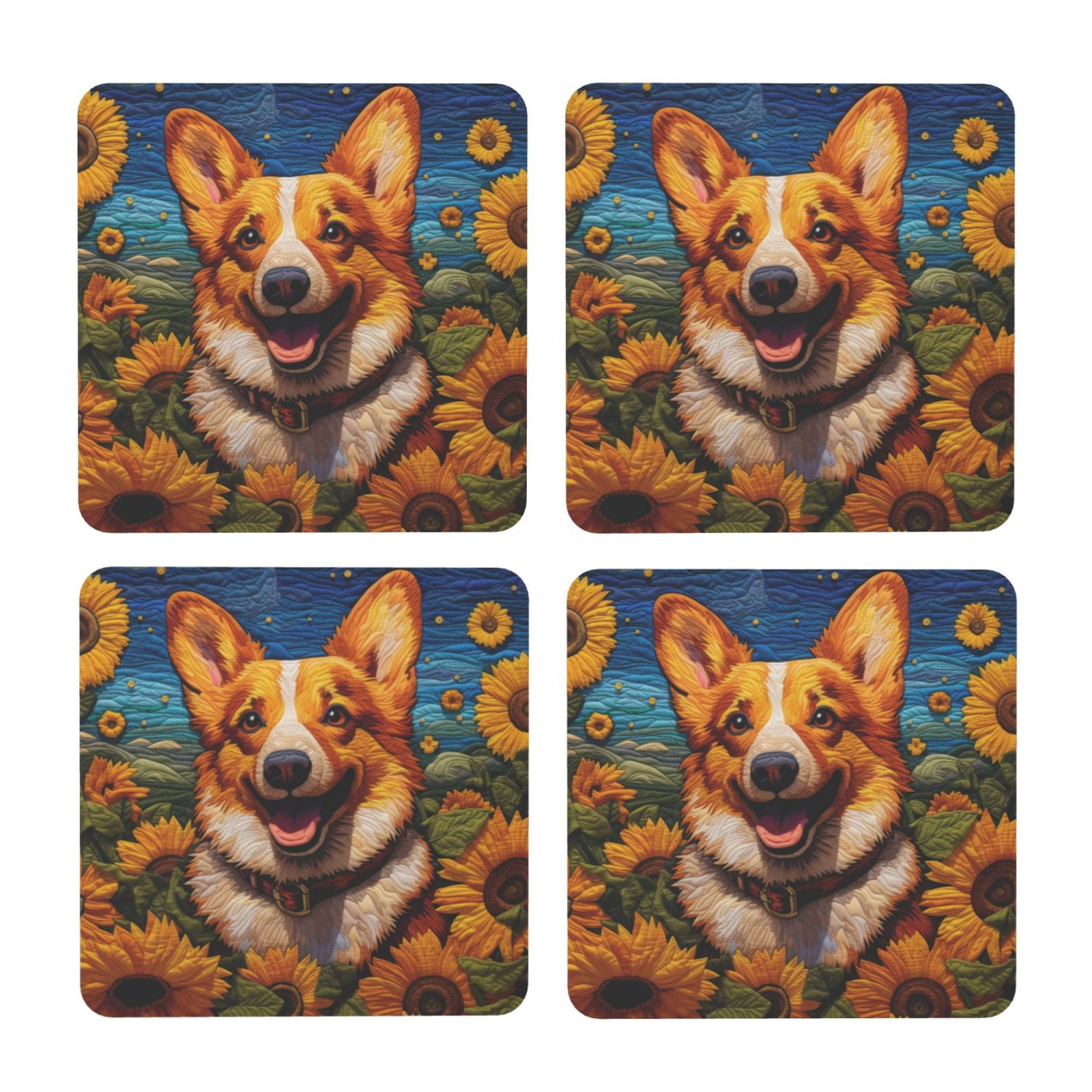 Disketp Artistic Sunflower Corgi MDF Cork Coaster 4 Pcs - Absorbent ...
