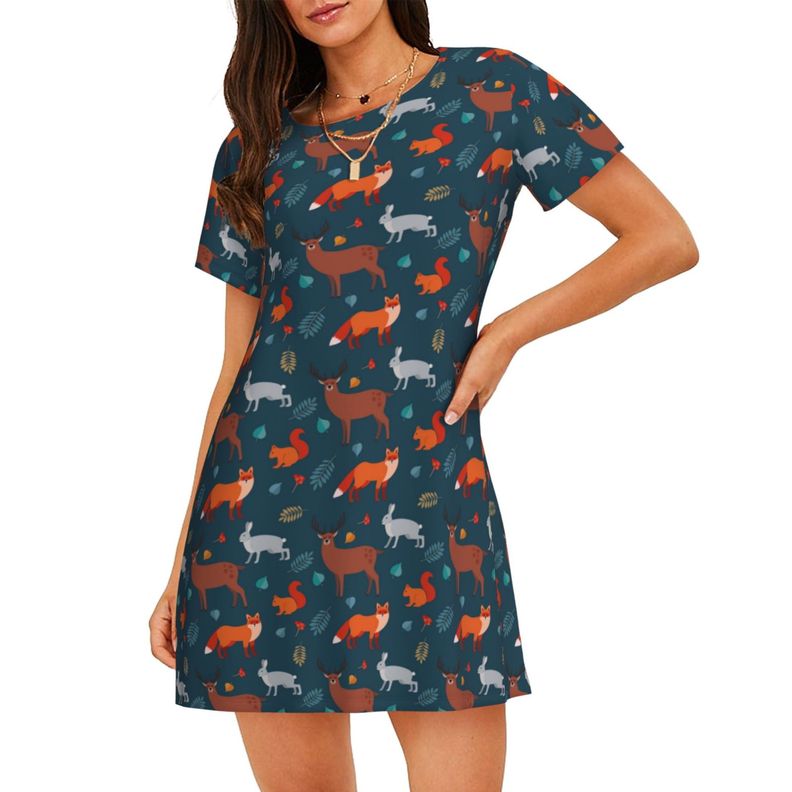 Disketp Autumn Forest Animals Cute for Womens Short Sleeve Sleepshirt ...