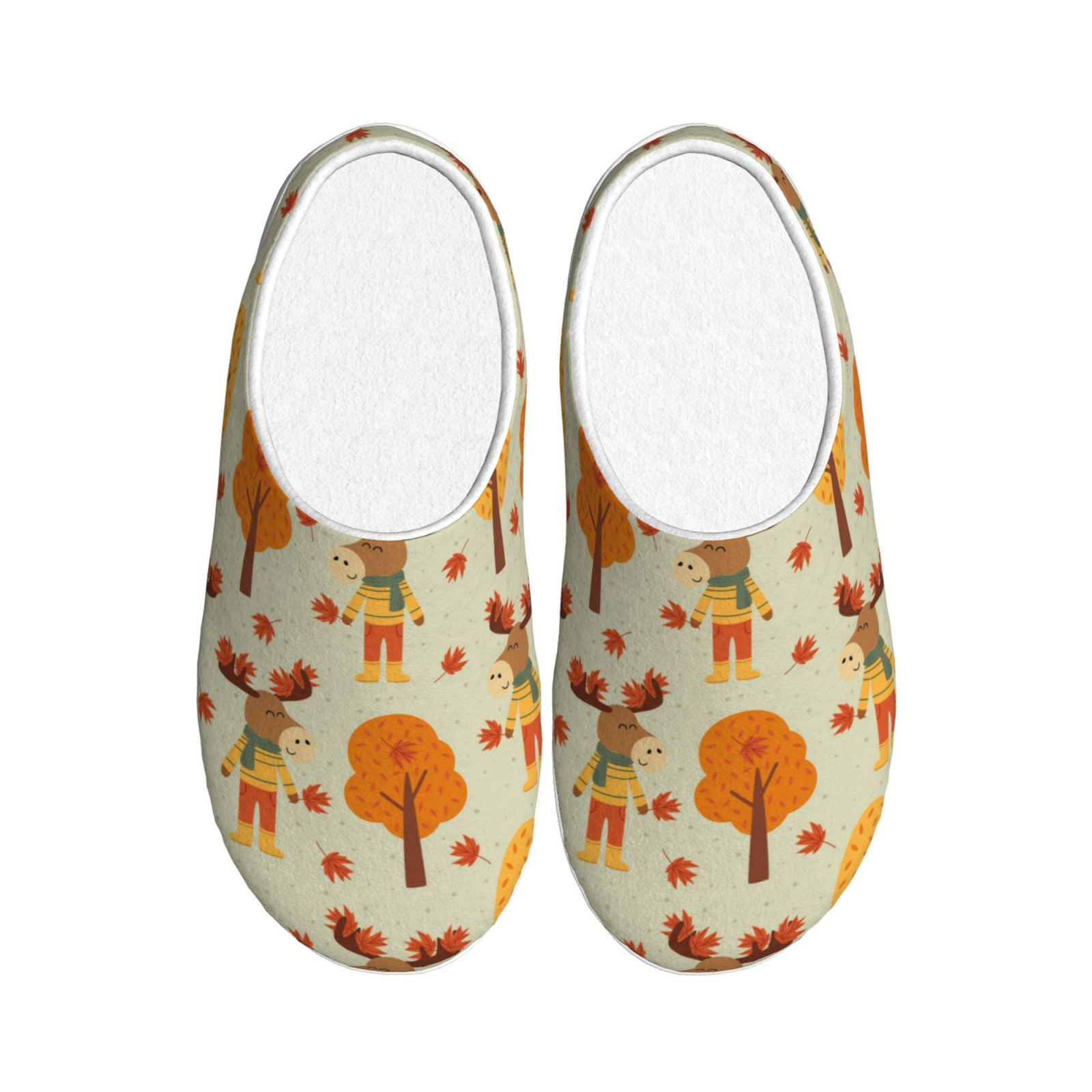 Disketp Autumn Maple Leaf and Deer Women's Men's Slippers Plush Slip-On ...