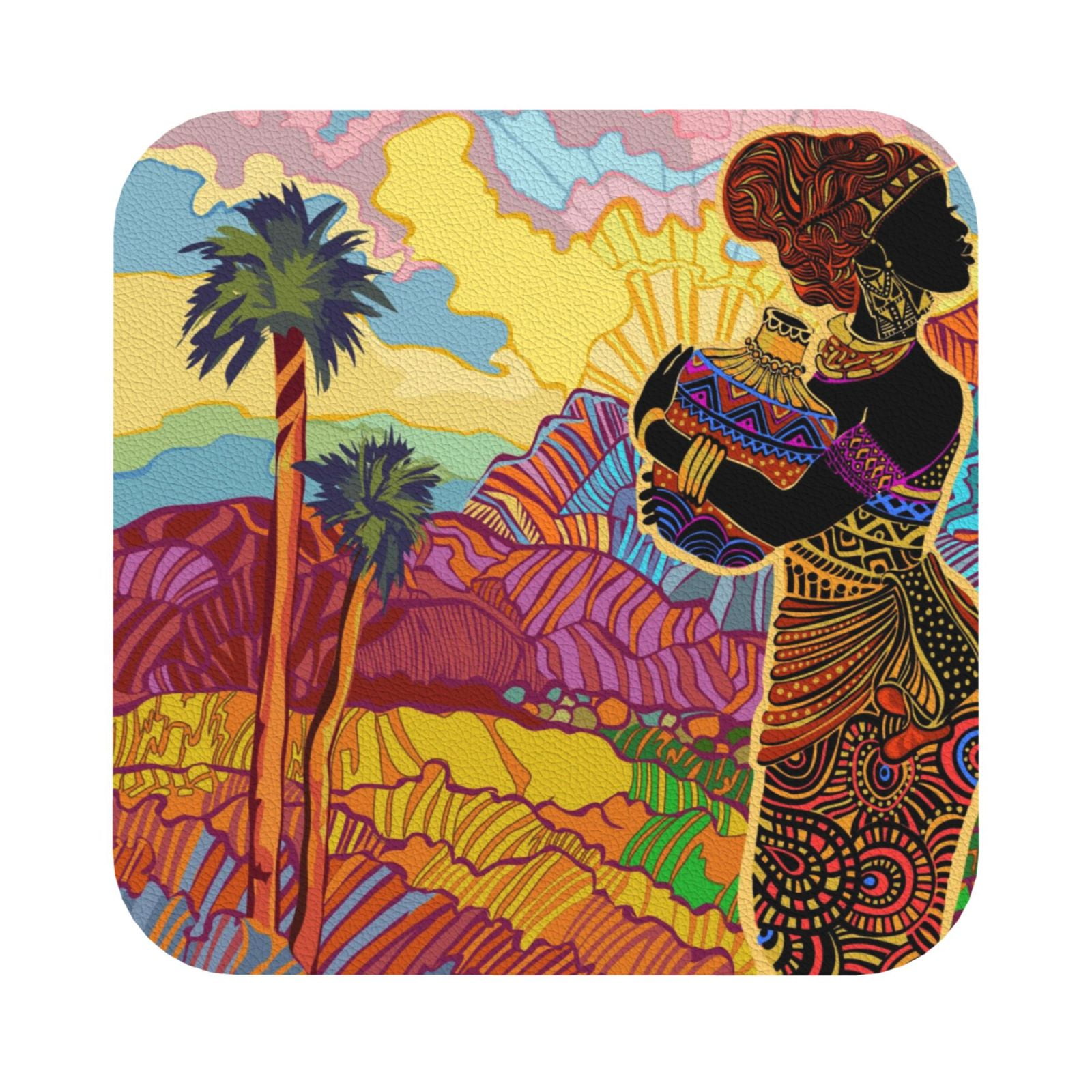 Disketp Beautiful African Woman Funny Coasters,6 Pcs Leather Coasters ...