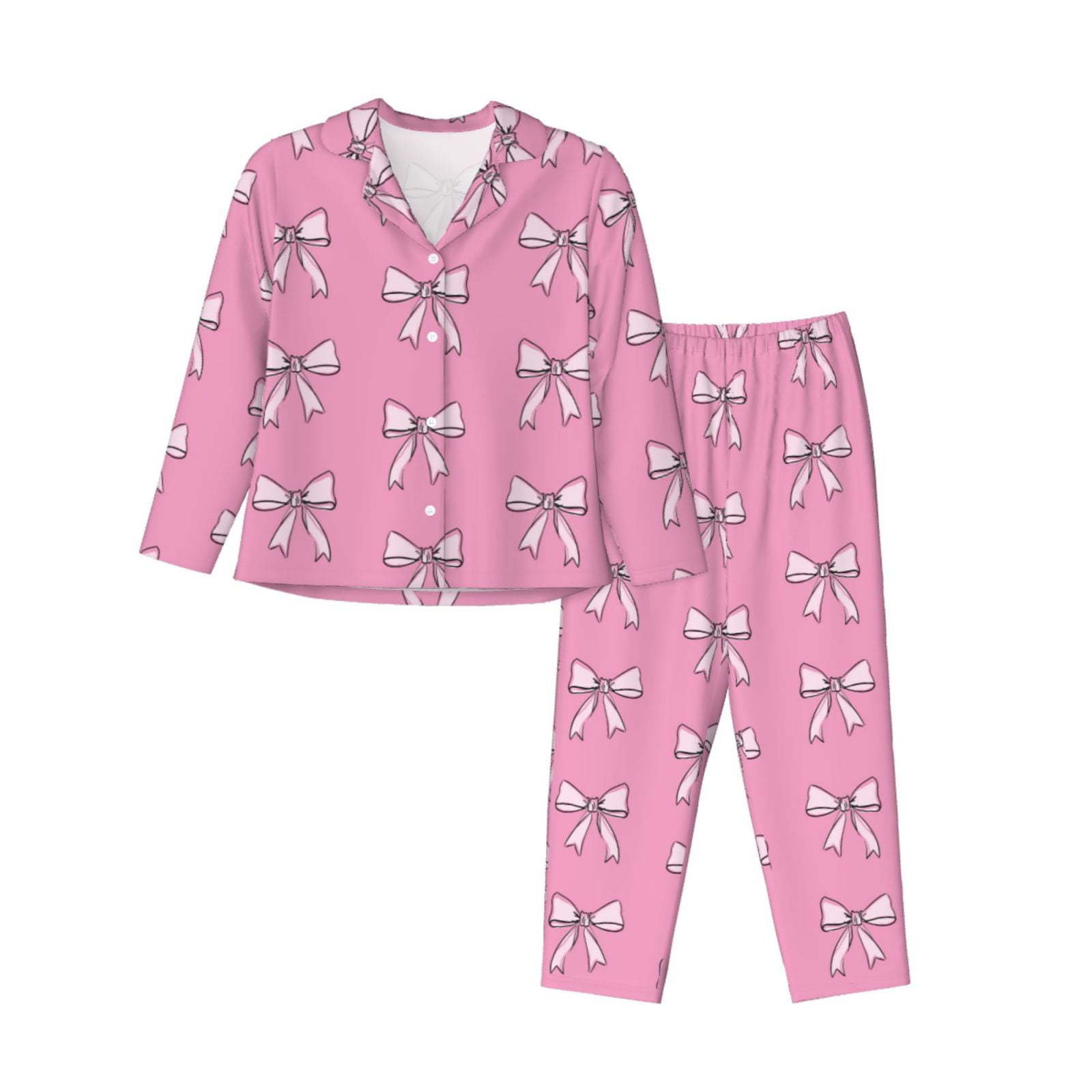 Disketp Beautiful pink bow Pajamas Set Long Sleeve Sleepwear Womens ...