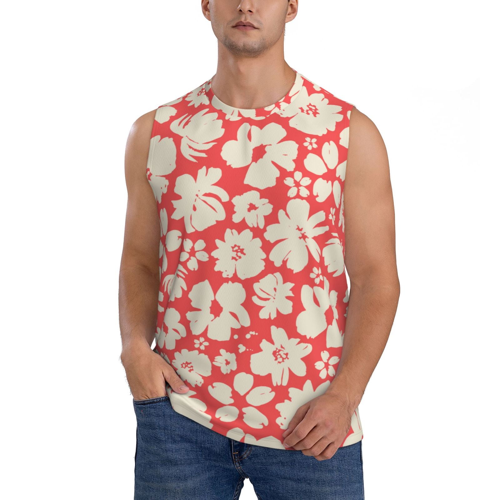 Disketp Beige Flowers Sleeveless Tshirts For Men, Muscle Shirts For Men ...