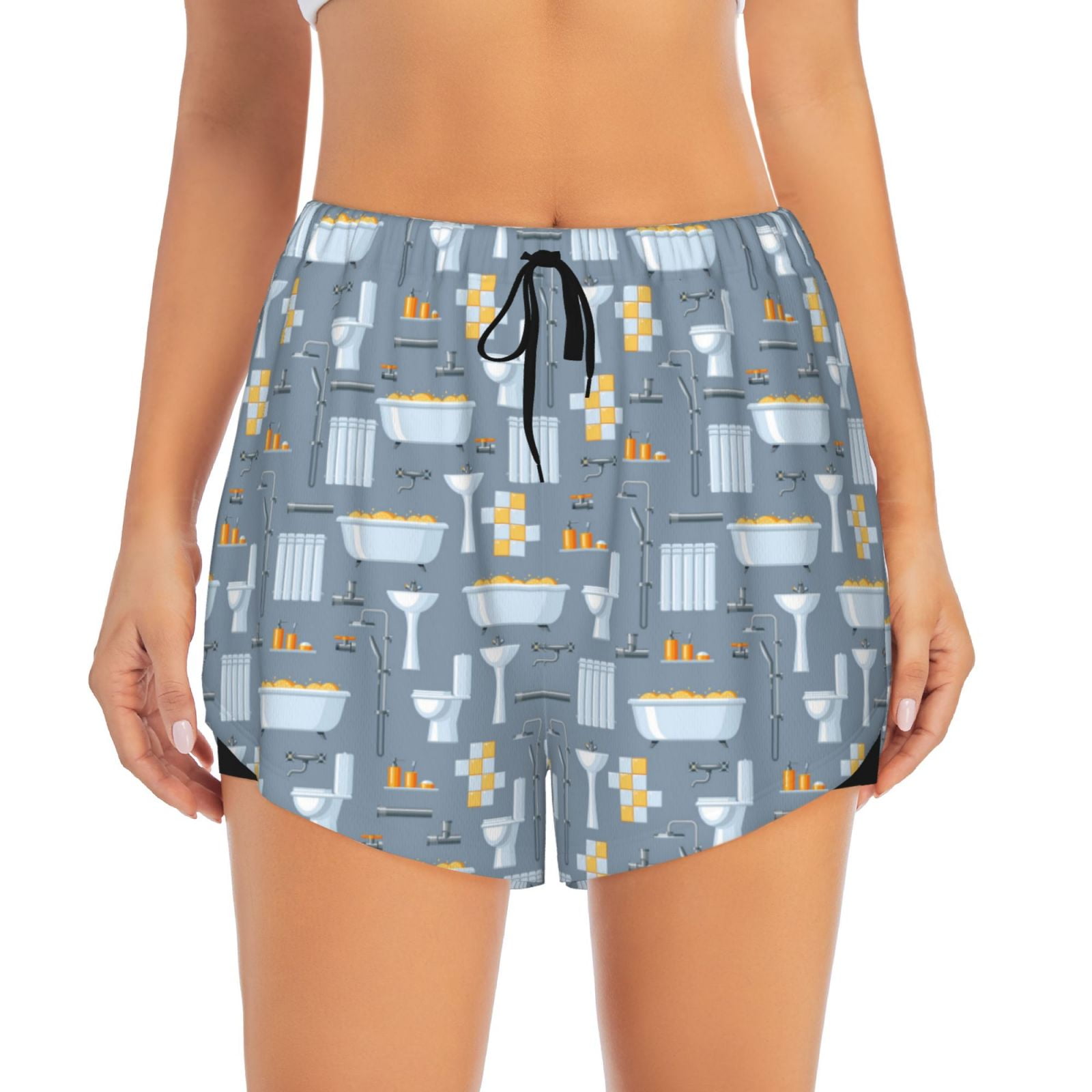 Disketp Blue Bathroom Print Women's Shorts Workout Shorts for Athletic ...