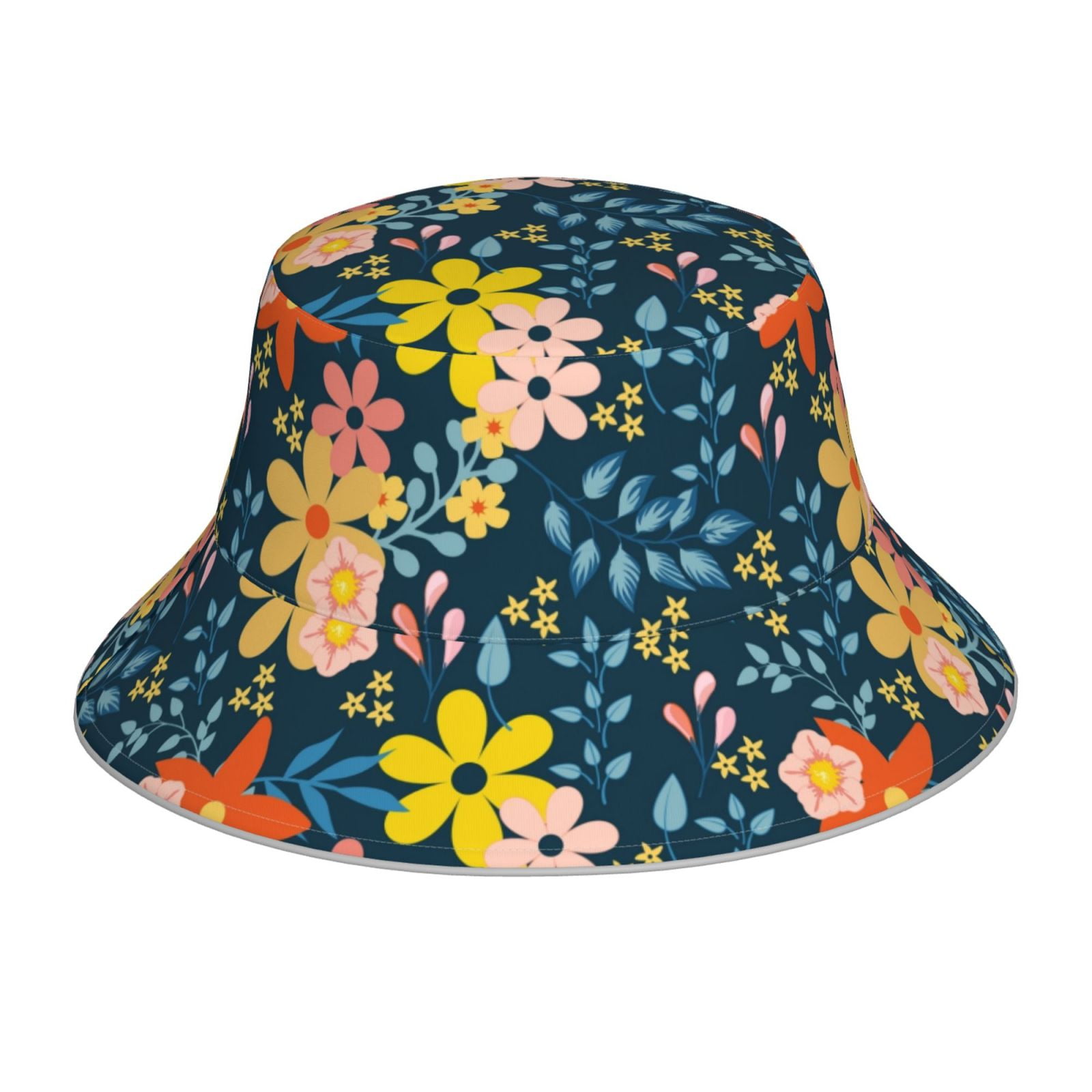 Disketp Blue Floral Print Reflective Bucket Hat Beach Hat Summer Travel ...