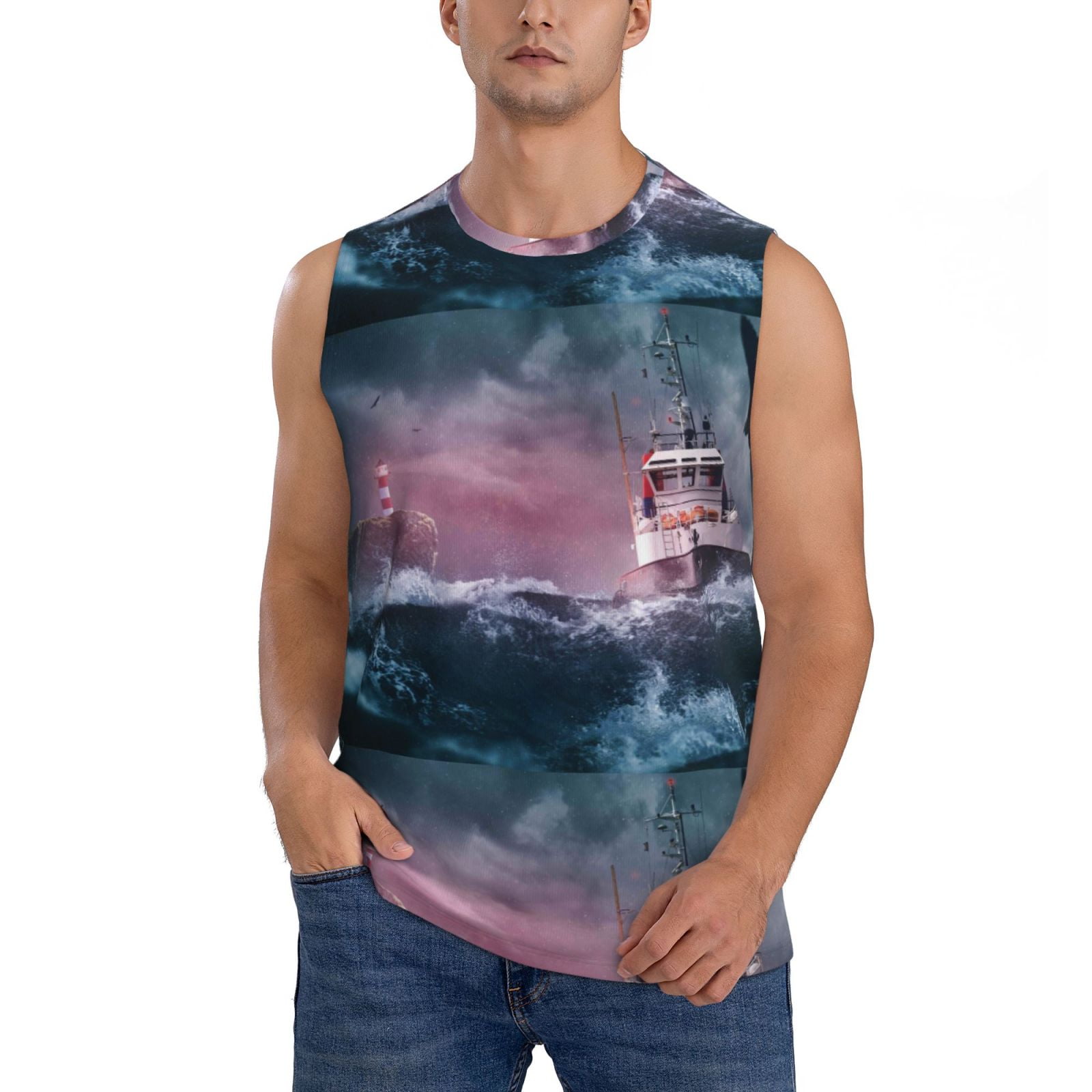 Disketp Boat Lighthouse Storm Waves Sleeveless Tshirts For Men, Muscle ...