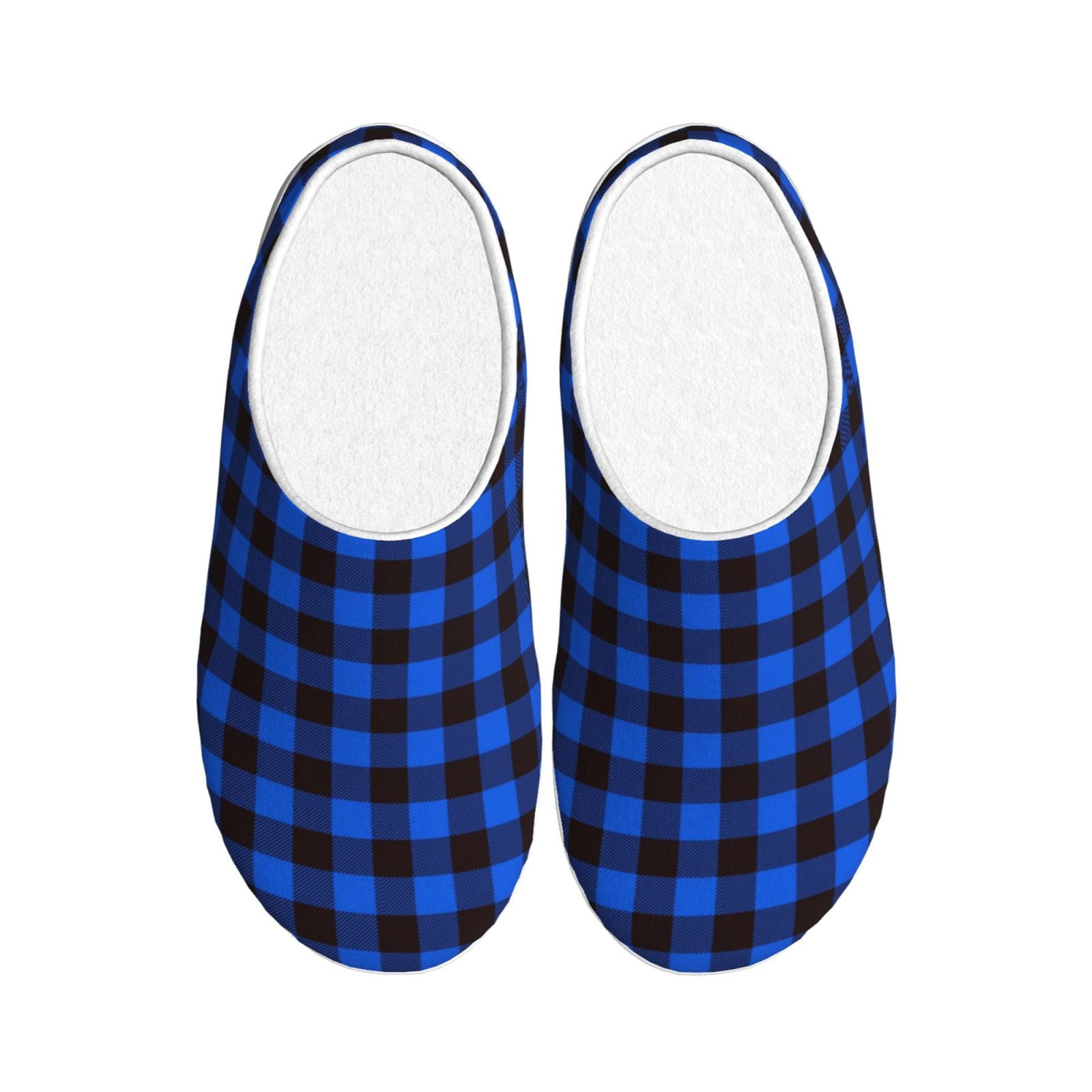 Disketp Buffalo Plaid Blue Black Women's Men's Slippers Plush Slip-On ...