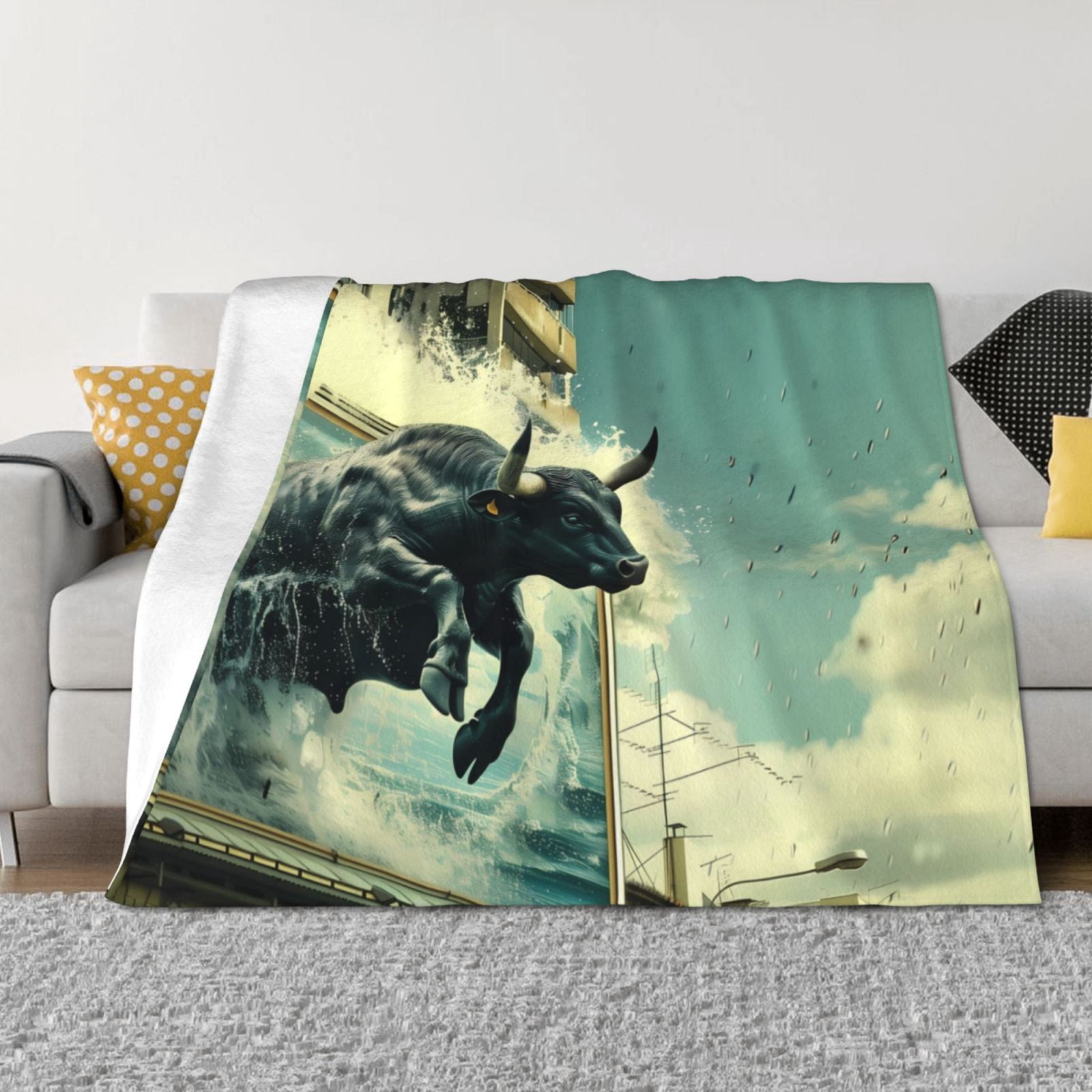 Disketp Bull Charging Through Waves Flannel Blankets - Thick and Warm ...