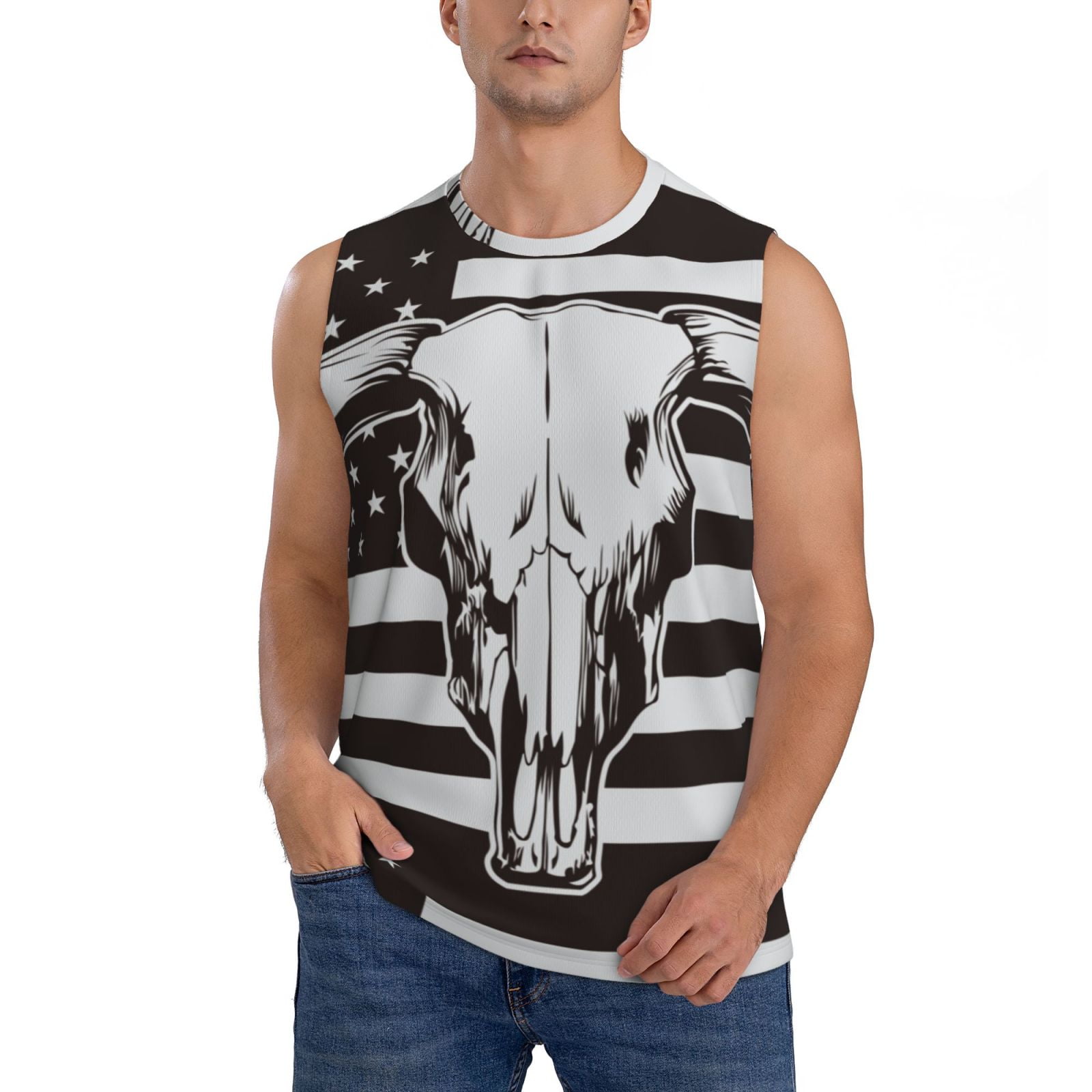 Disketp Bull Skull On The Us Flag Sleeveless Tshirts For Men, Muscle ...