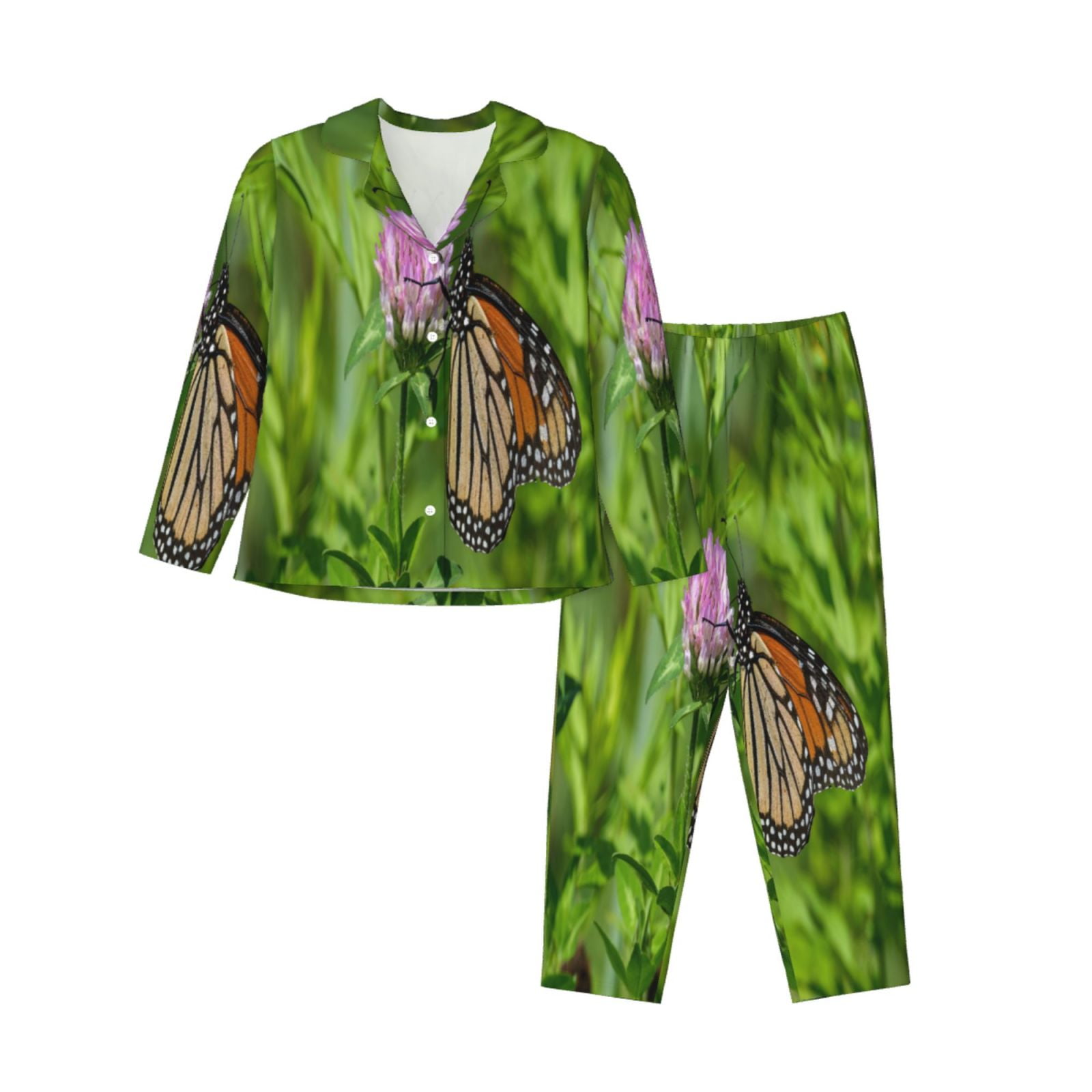 Disketp Butterflies and Floral Pajamas Set Long Sleeve Sleepwear Womens ...