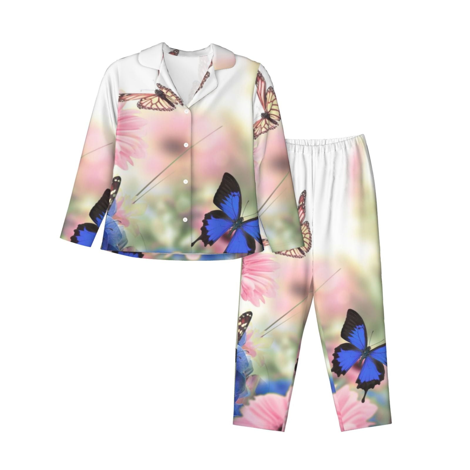 Disketp Butterfly And Flowers Pajamas Set Long Sleeve Sleepwear Womens ...
