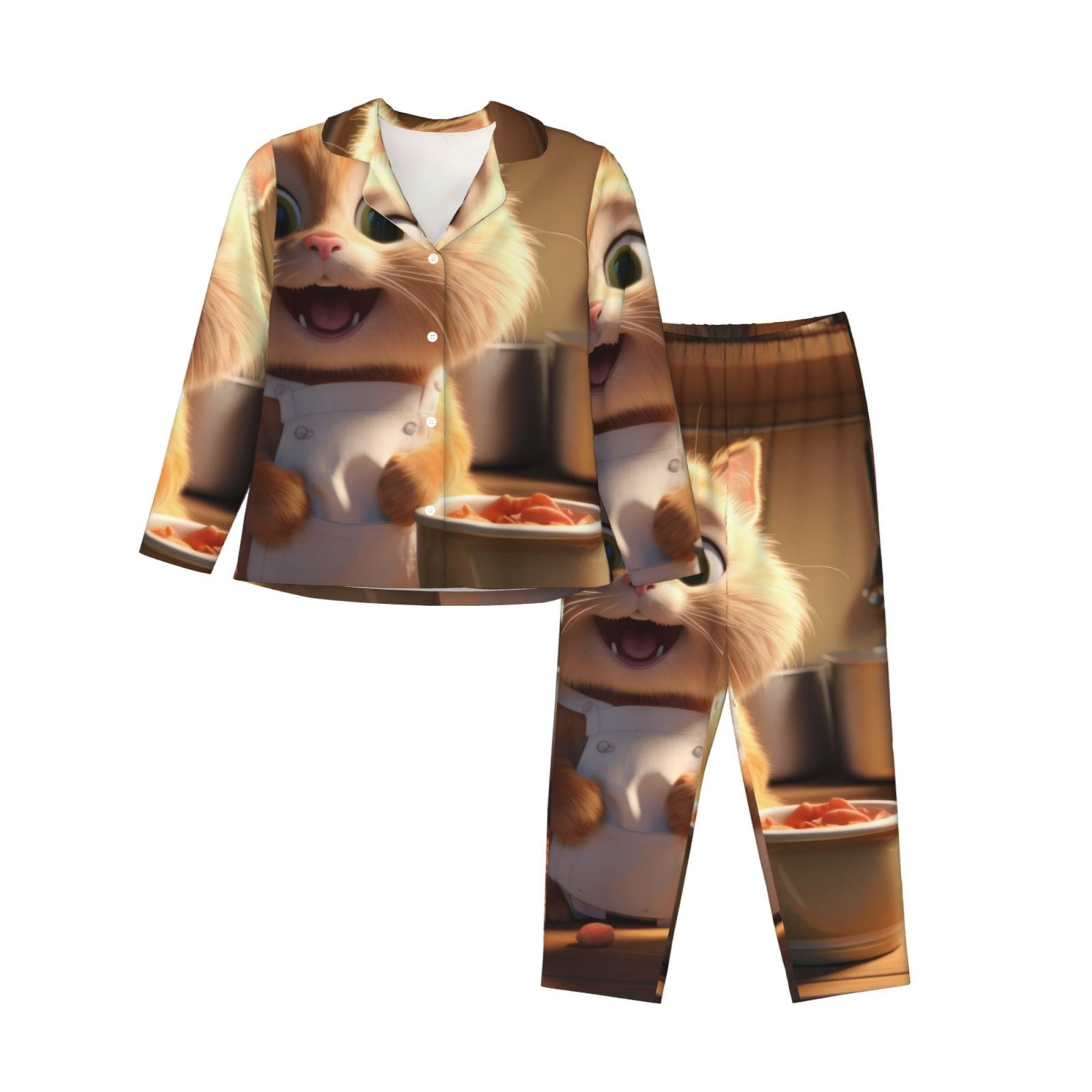 Disketp Cartoon Cooking Cat Pajamas Set Long Sleeve Sleepwear Womens ...