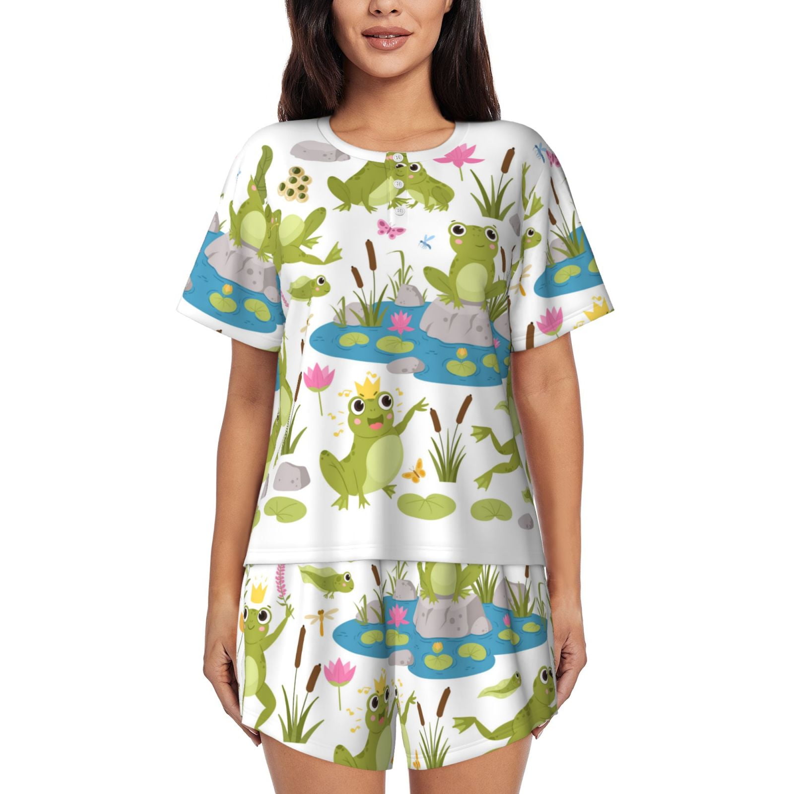 Disketp Cartoon Frogs for 2 Piece Shorts Sleepwear Women's Short-Sleeved Pajama Set Round Neck ...