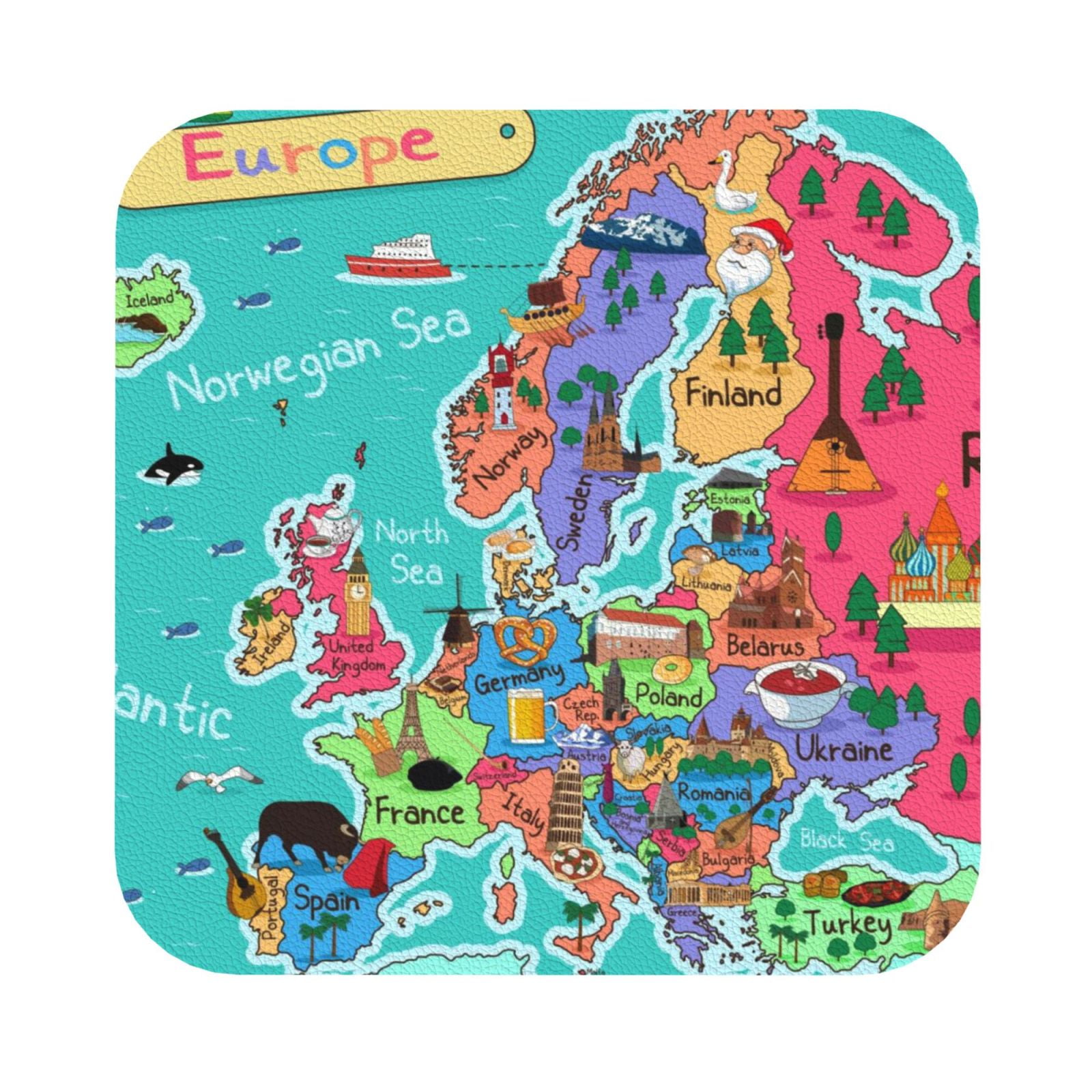 Disketp Cartoon Map Of Europe Funny Coasters,4 Pcs Leather Coasters ...