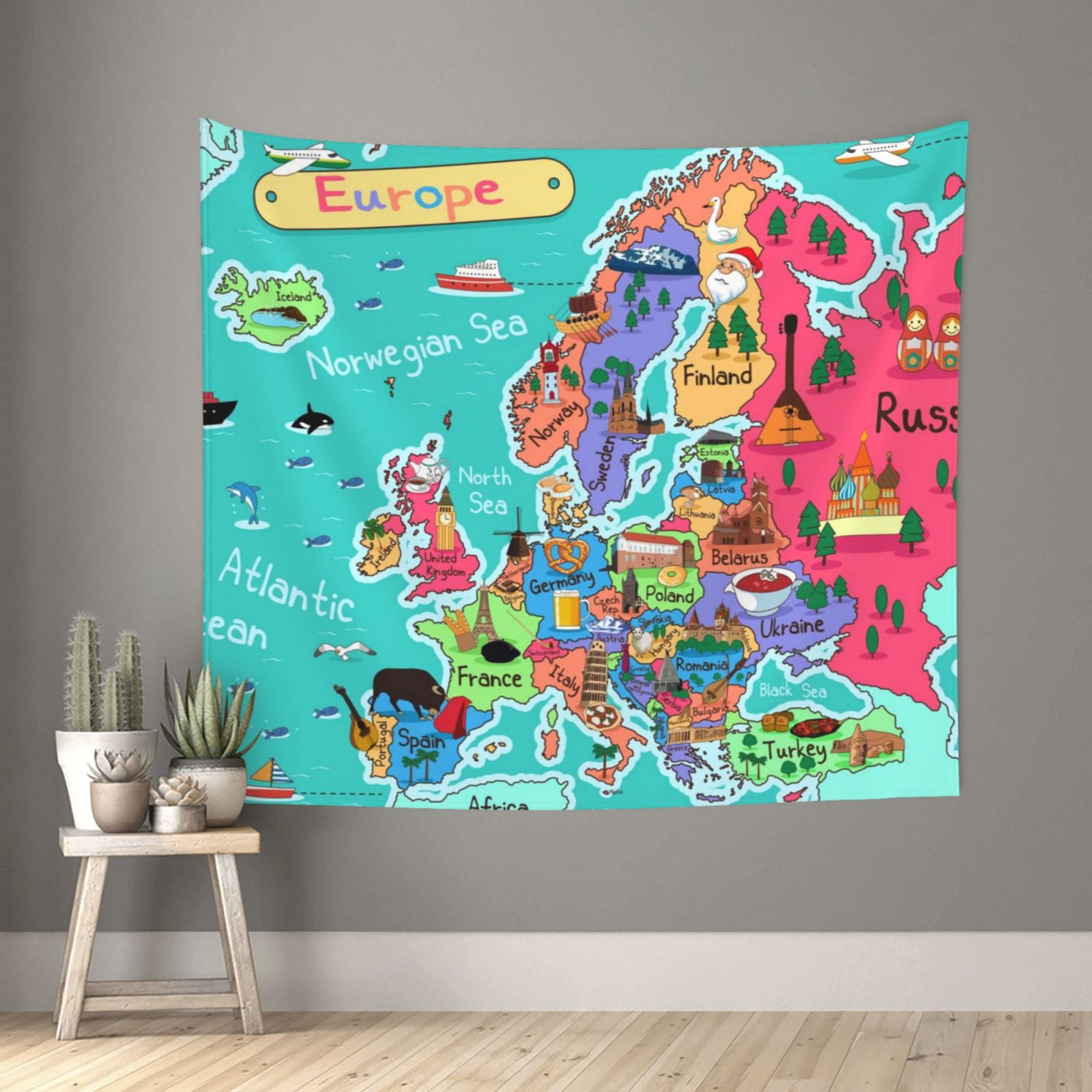 Disketp Cartoon Map Of Europe Tapestry 60x51 InchesTapestry for Living ...