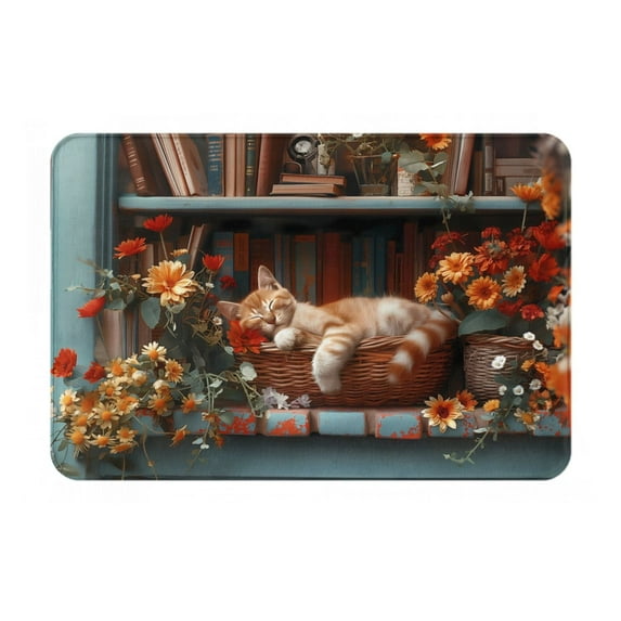 Disketp Cat Asleep Among Flowers Mat for Front Door Outside - Doormat ...