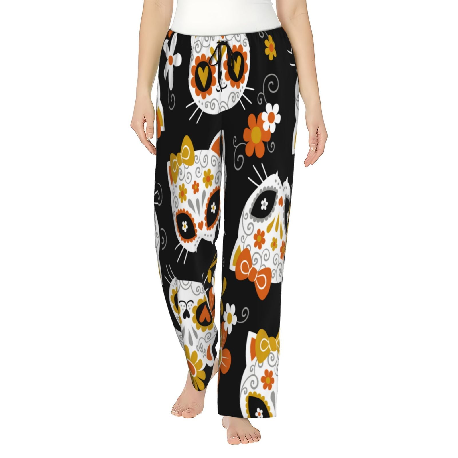 Disketp Cat Skulls And Flowers Print Women'S Comfy Pajama Pants Casual ...