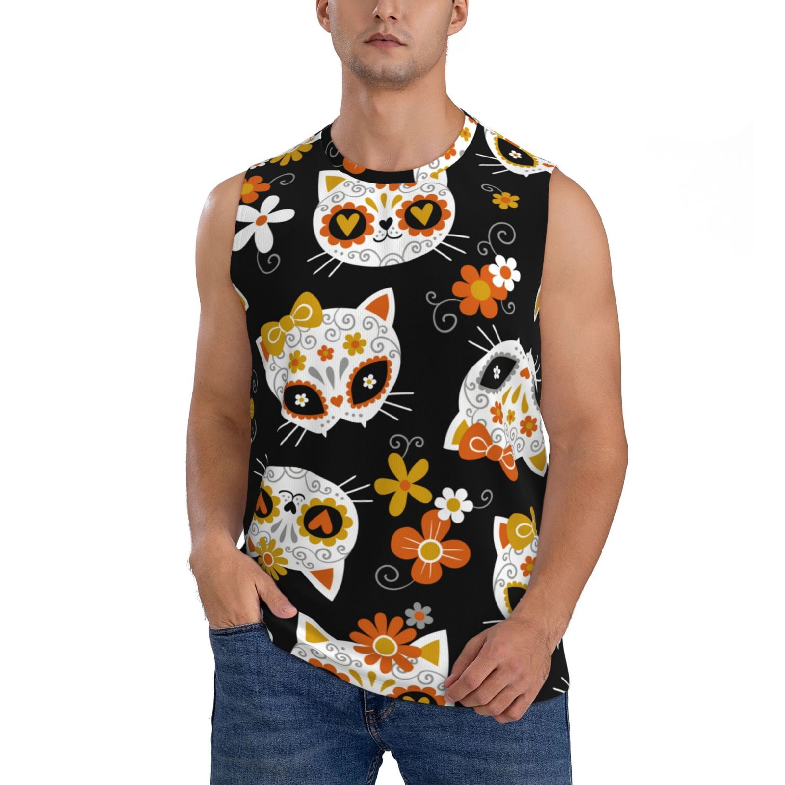 Disketp Cat Skulls And Flowers Sleeveless Tshirts For Men, Muscle ...