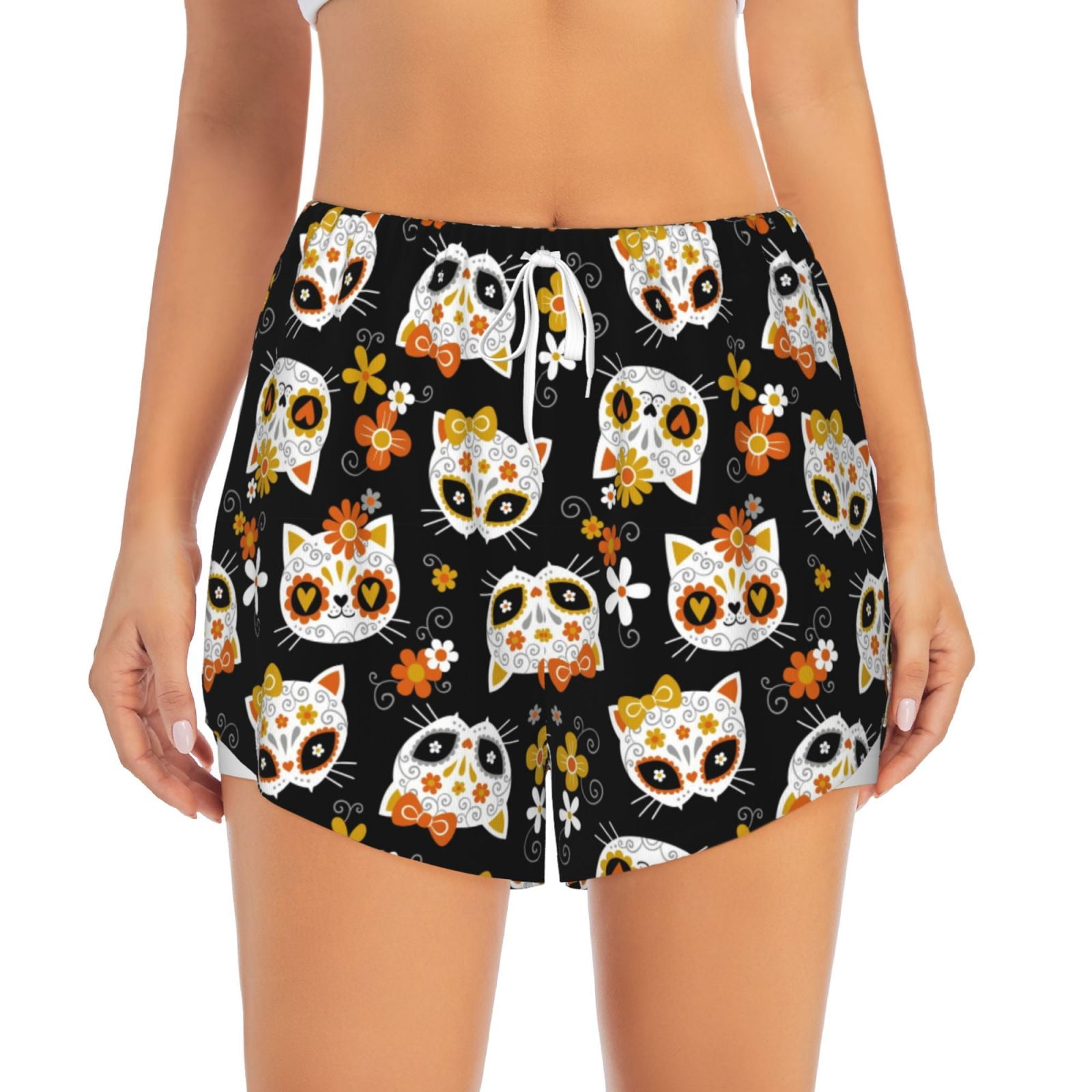 Disketp Cat Skulls and Flowers Print Women's Shorts Workout Shorts for ...