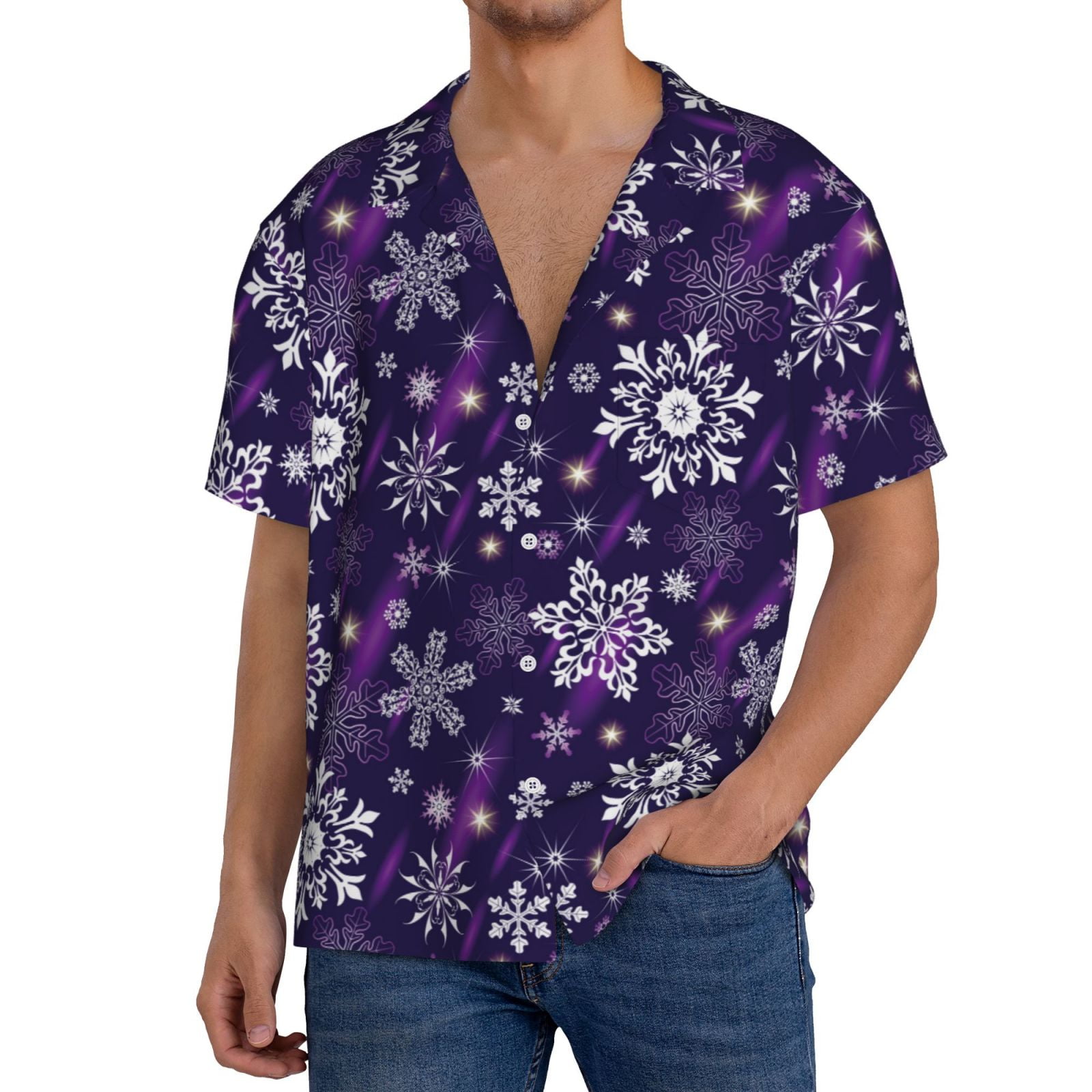 Disketp Christmas Purple Snowflakes Men's Hawaiian, Shirts Button Down ...