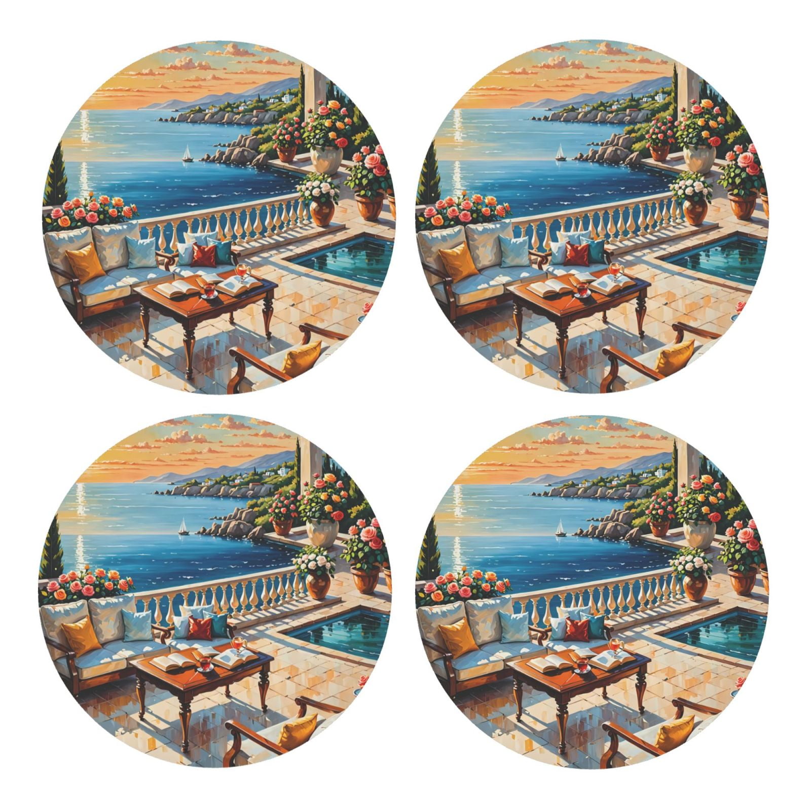 Disketp Coastal Style Garden Villa MDF Cork Coaster 4 Pcs - Absorbent ...