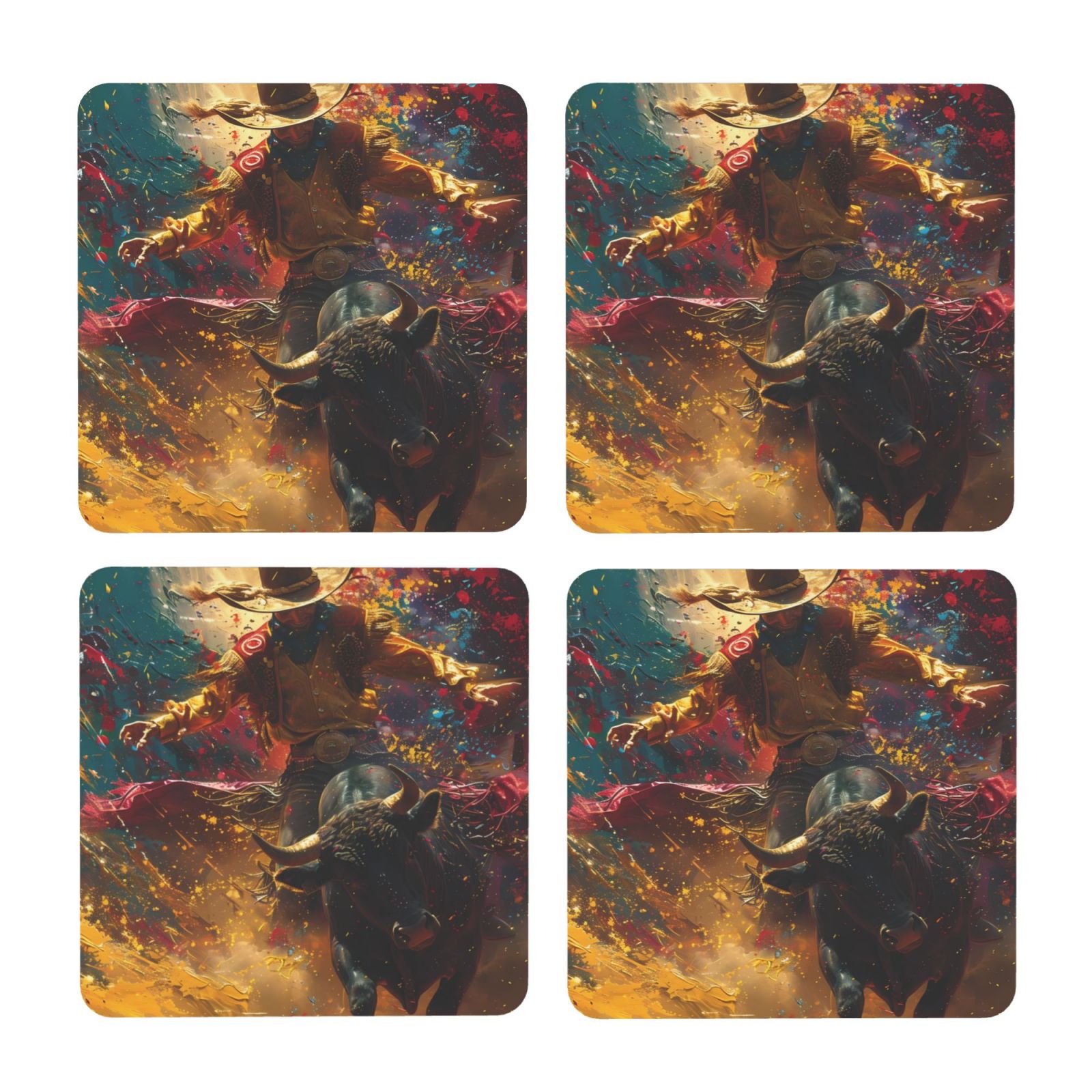 Disketp Colorful Bull Western Man MDF Cork Coaster 4 Pcs - Absorbent ...