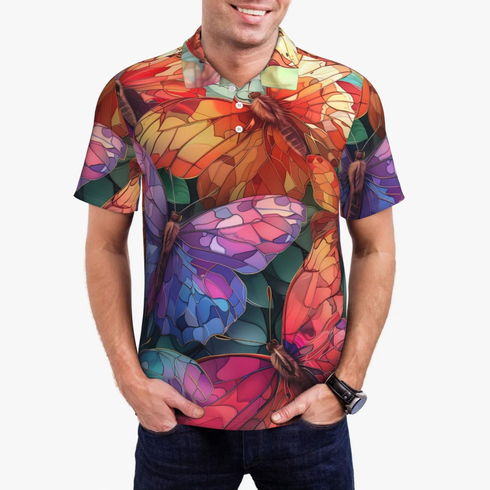 Disketp Colorful Butterfly Cluster for Men's Polo Shirts Short Sleeve ...