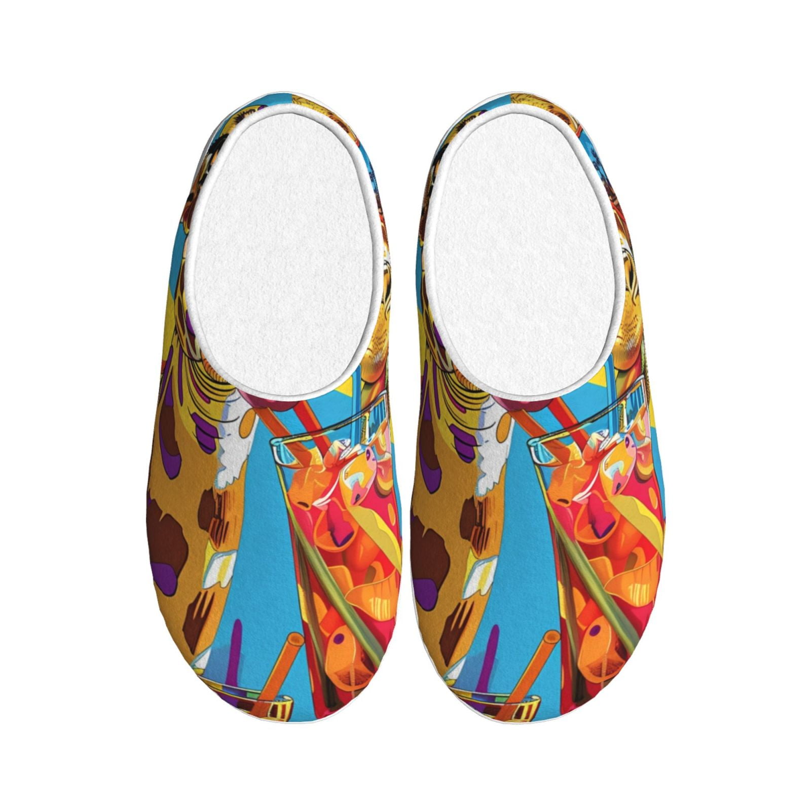 Disketp Colorful Giraffes with Drinks Women's Men's Slippers Plush Slip ...