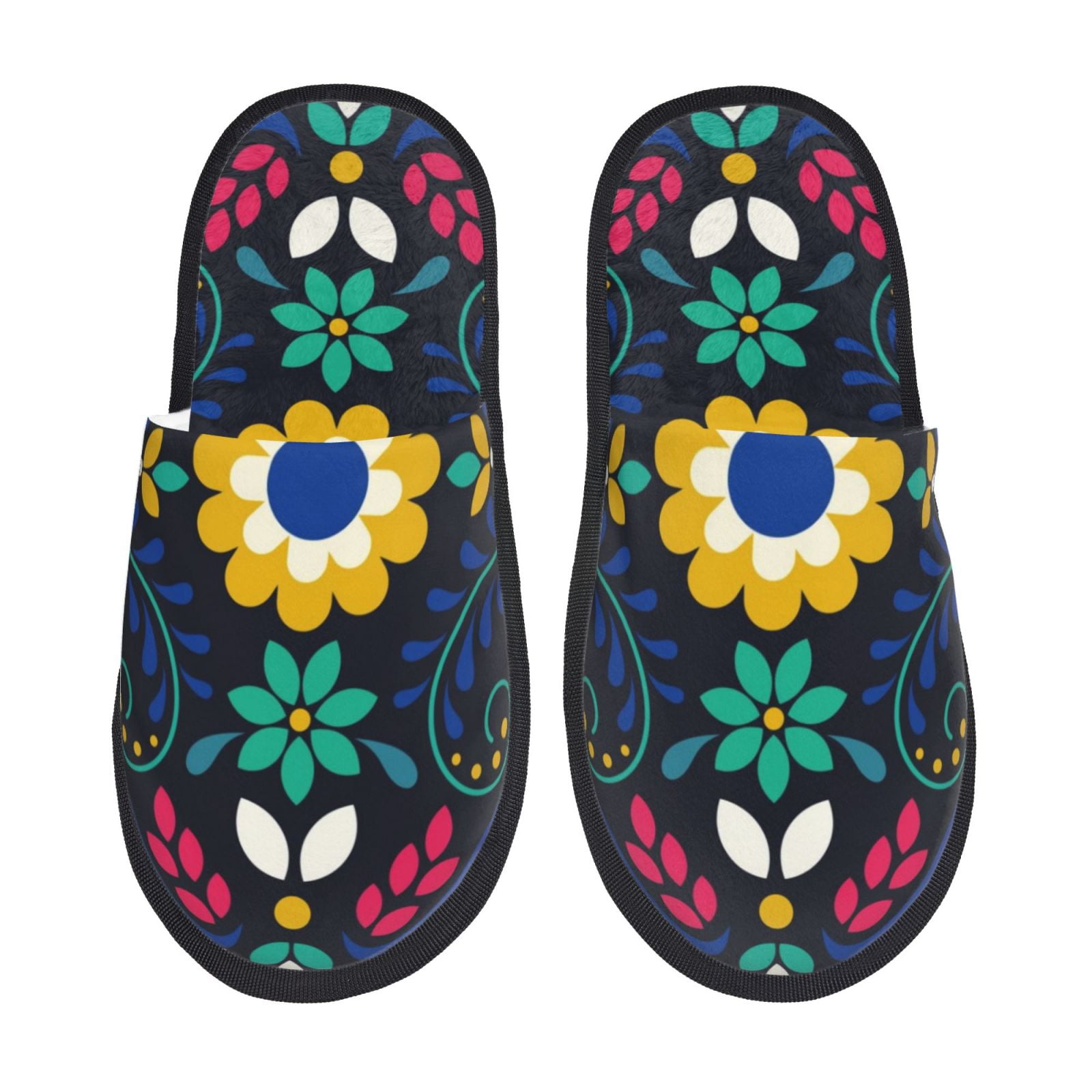 Disketp Colorful Mexican Flower Fuzzy House Memory Foam Slippers, Furry ...