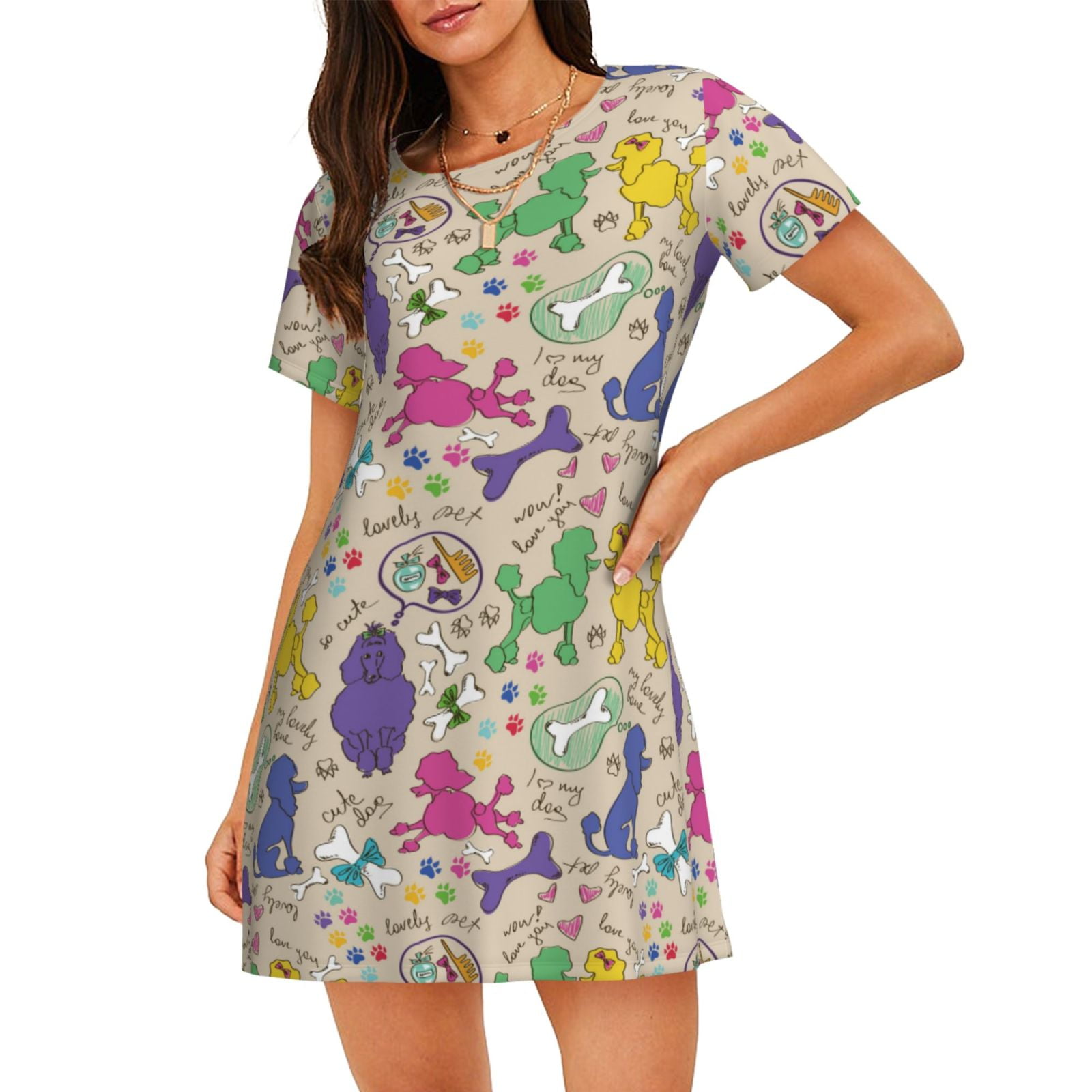 Disketp Colorful Poodle Dog for Womens Short Sleeve Sleepshirt ...