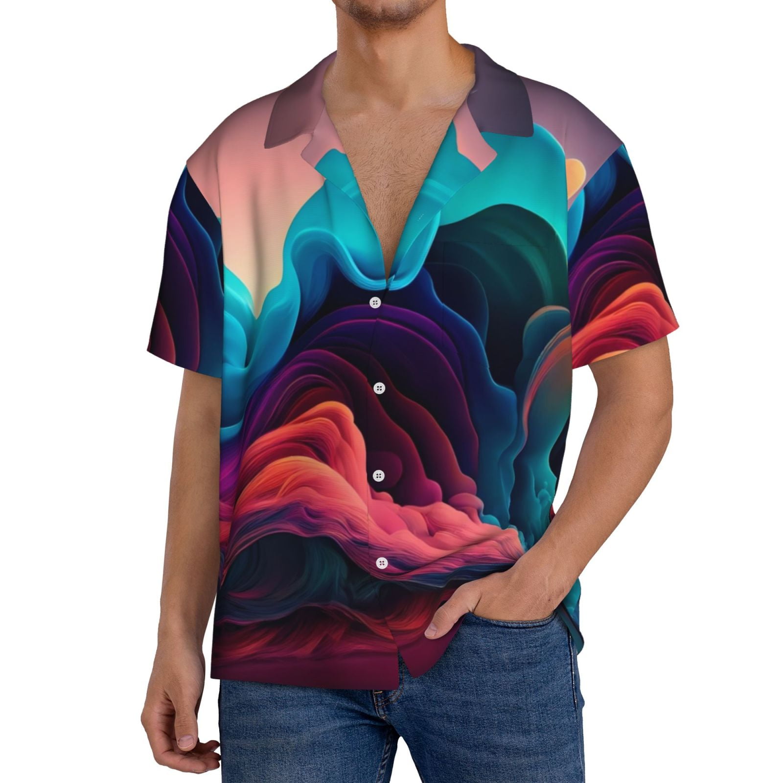 Disketp Colorful Surreal Landscape Men's Hawaiian, Shirts Button Down ...