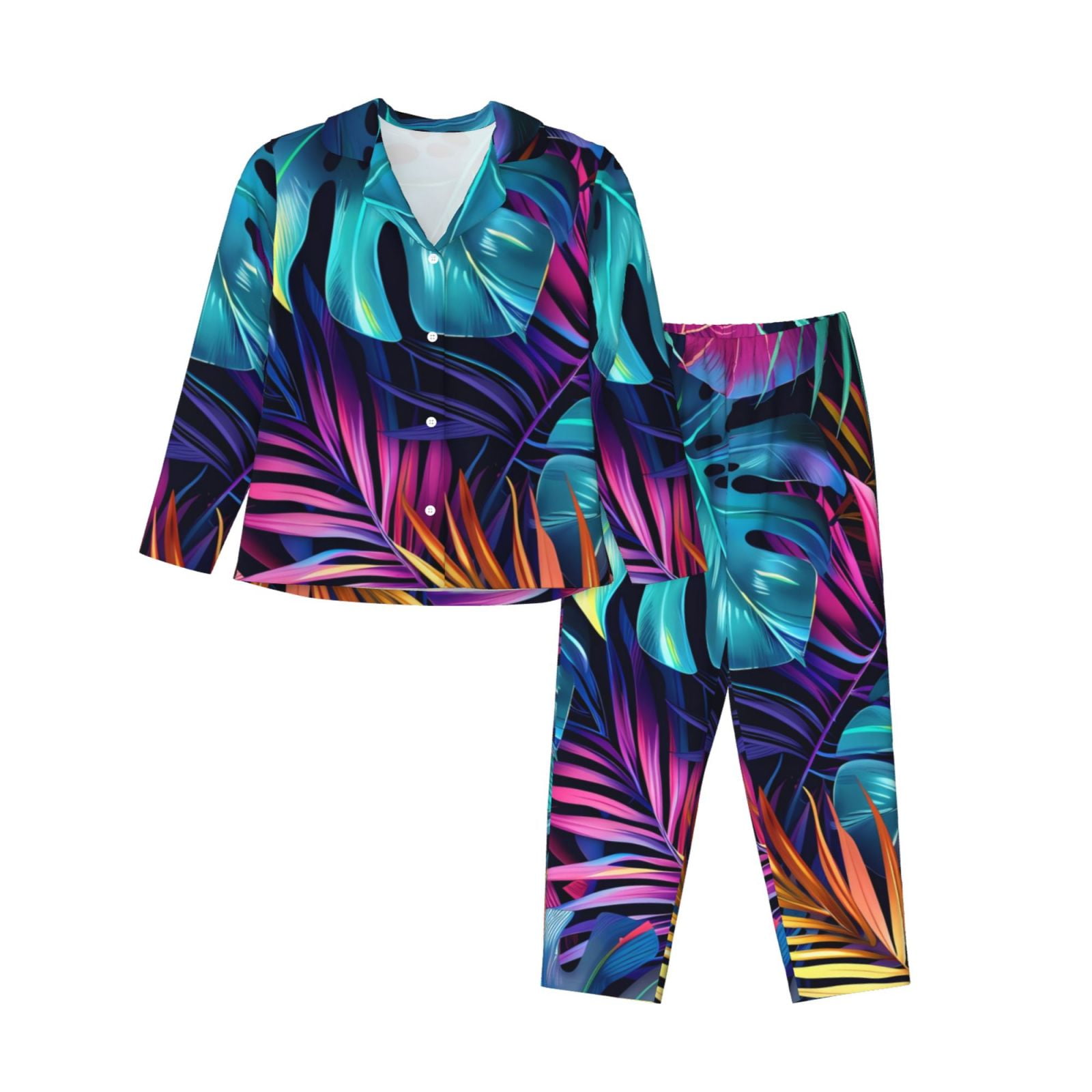 Disketp Colorful Tropical Leaves Pajamas Set Long Sleeve Sleepwear ...