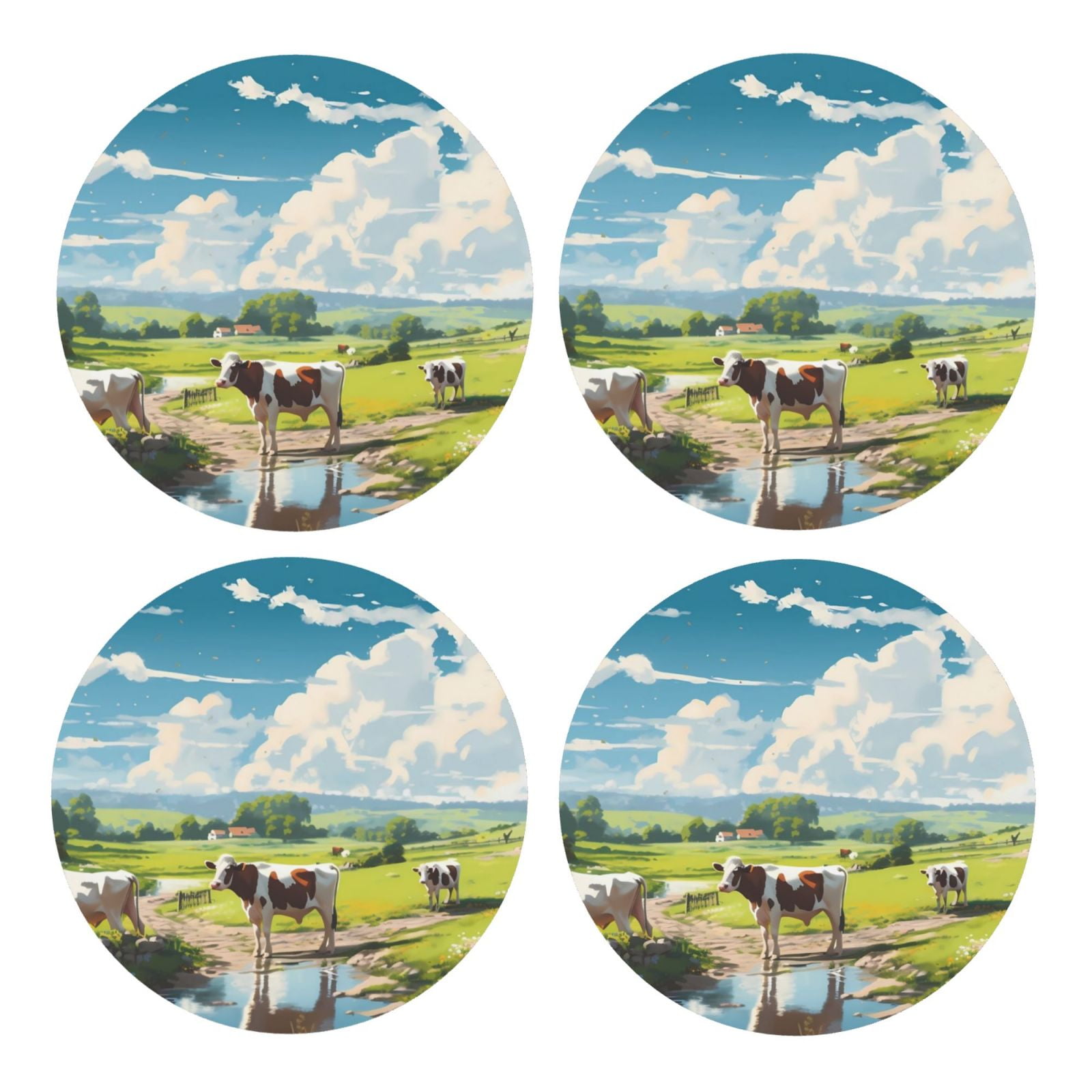 Disketp Countryside Farm Cow MDF Cork Coaster 4 Pcs - Absorbent ...