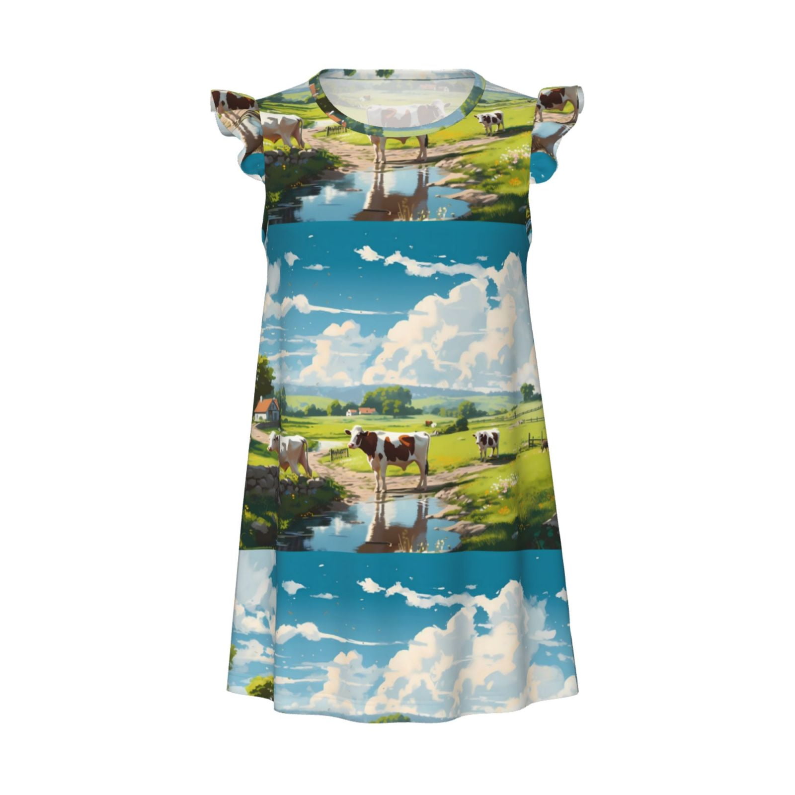 Disketp Countryside Farm Cow Print Girls Nightgowns 3-10 Years Flutter ...