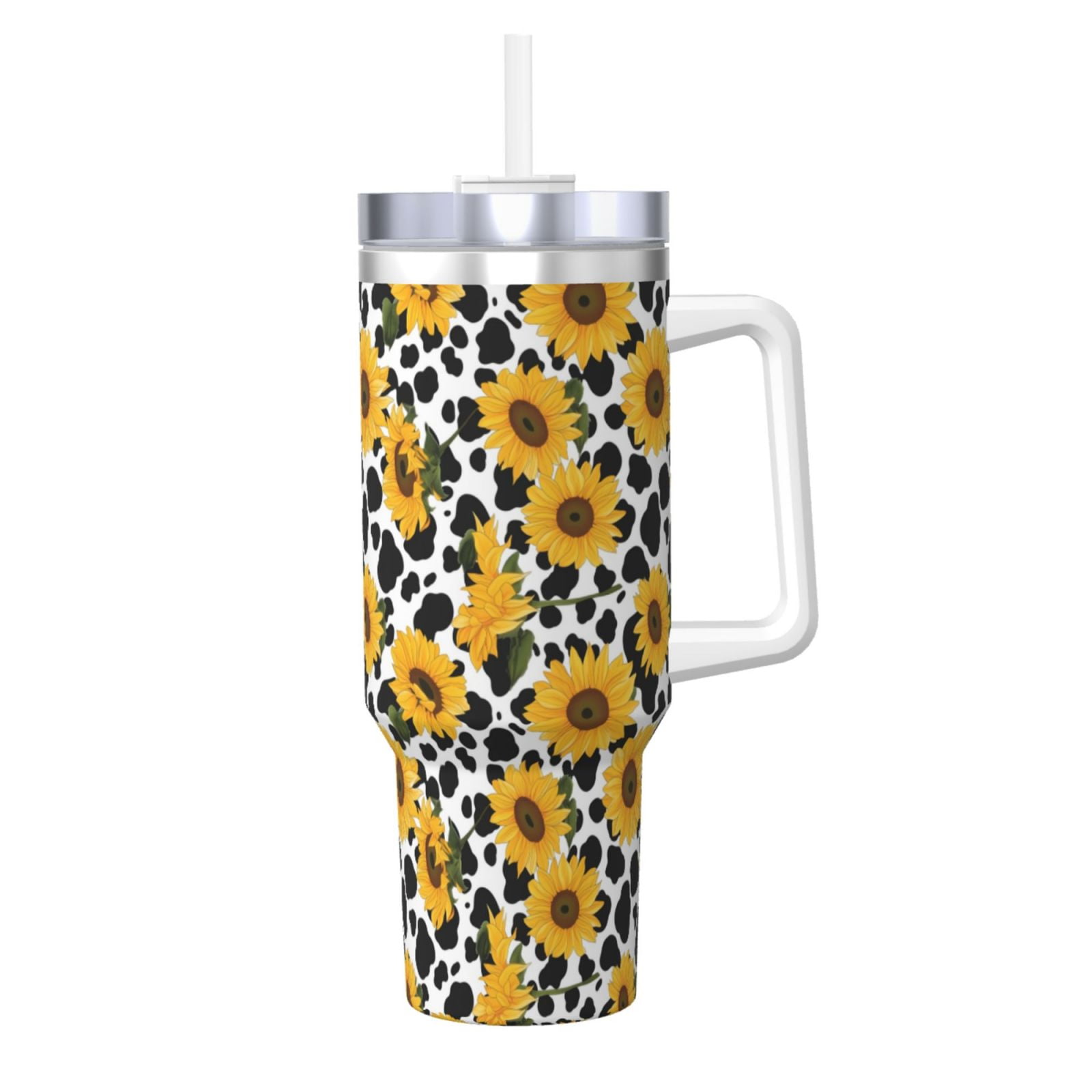 Disketp Cow Print Sunflower for 40 OZ Stainless Steel with Handle Lid ...