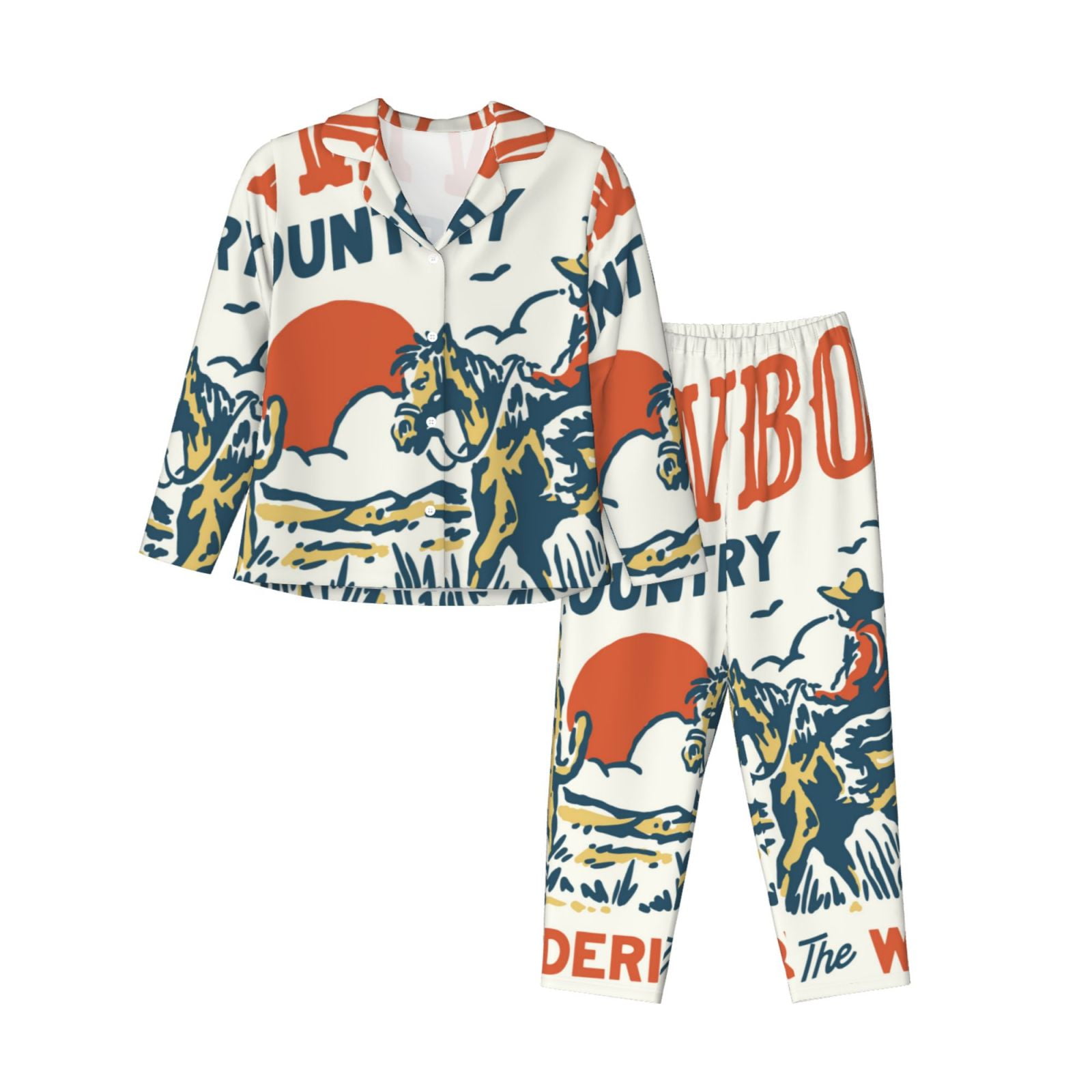 Disketp Cowboy Rising Horse Pajamas Set Long Sleeve Sleepwear Womens ...