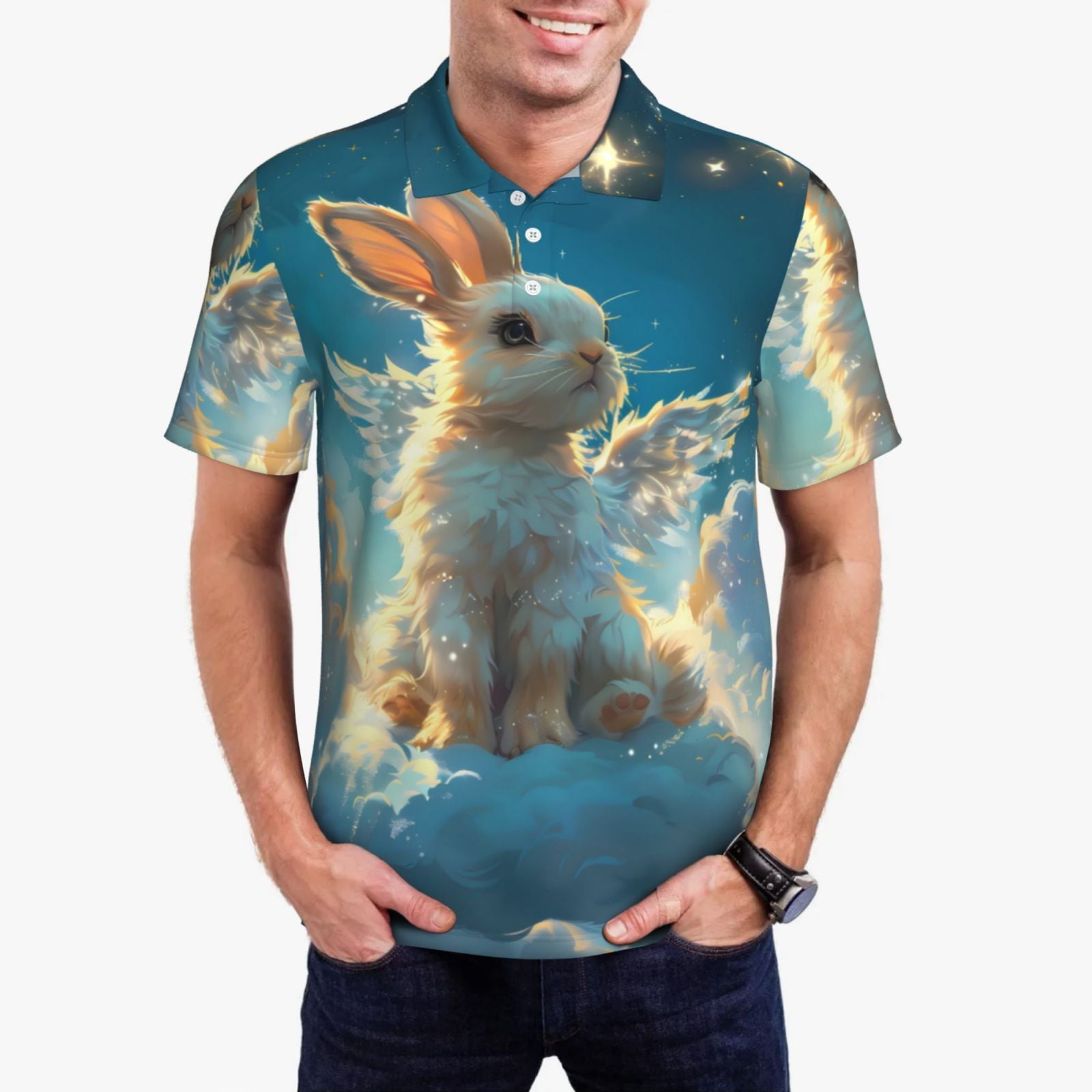 Disketp Cute Angel Winged Rabbit for Men's Polo Shirts Short Sleeve Golf Shirt for Men Athletic ...