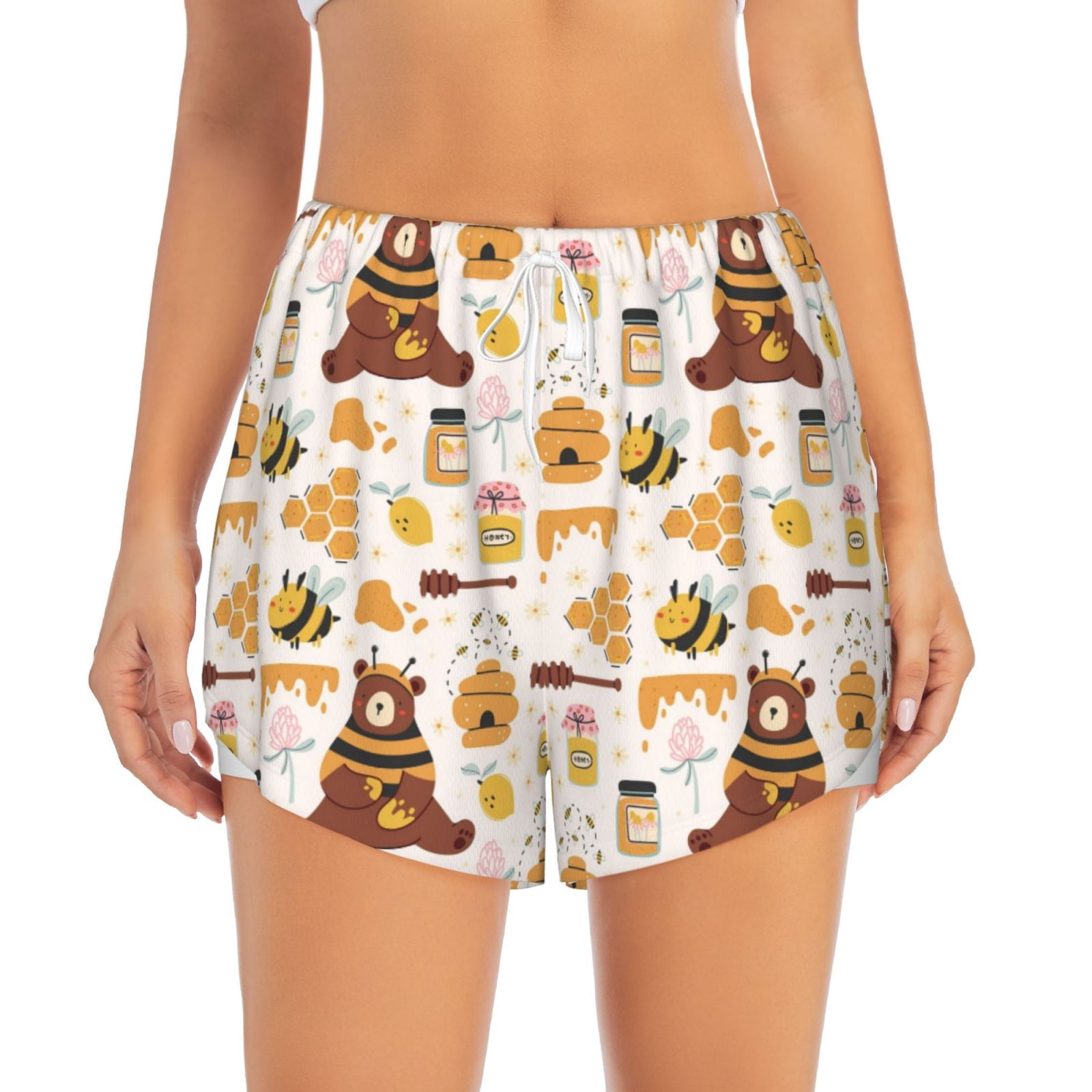 Disketp Cute Bee Honey Jar Hive Bear Print Women's Shorts Workout ...