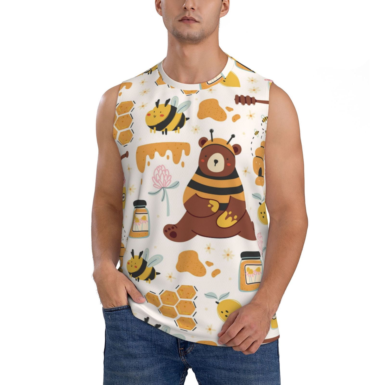 Disketp Cute Bee Honey Jar Hive Bear Sleeveless Tshirts For Men, Muscle ...