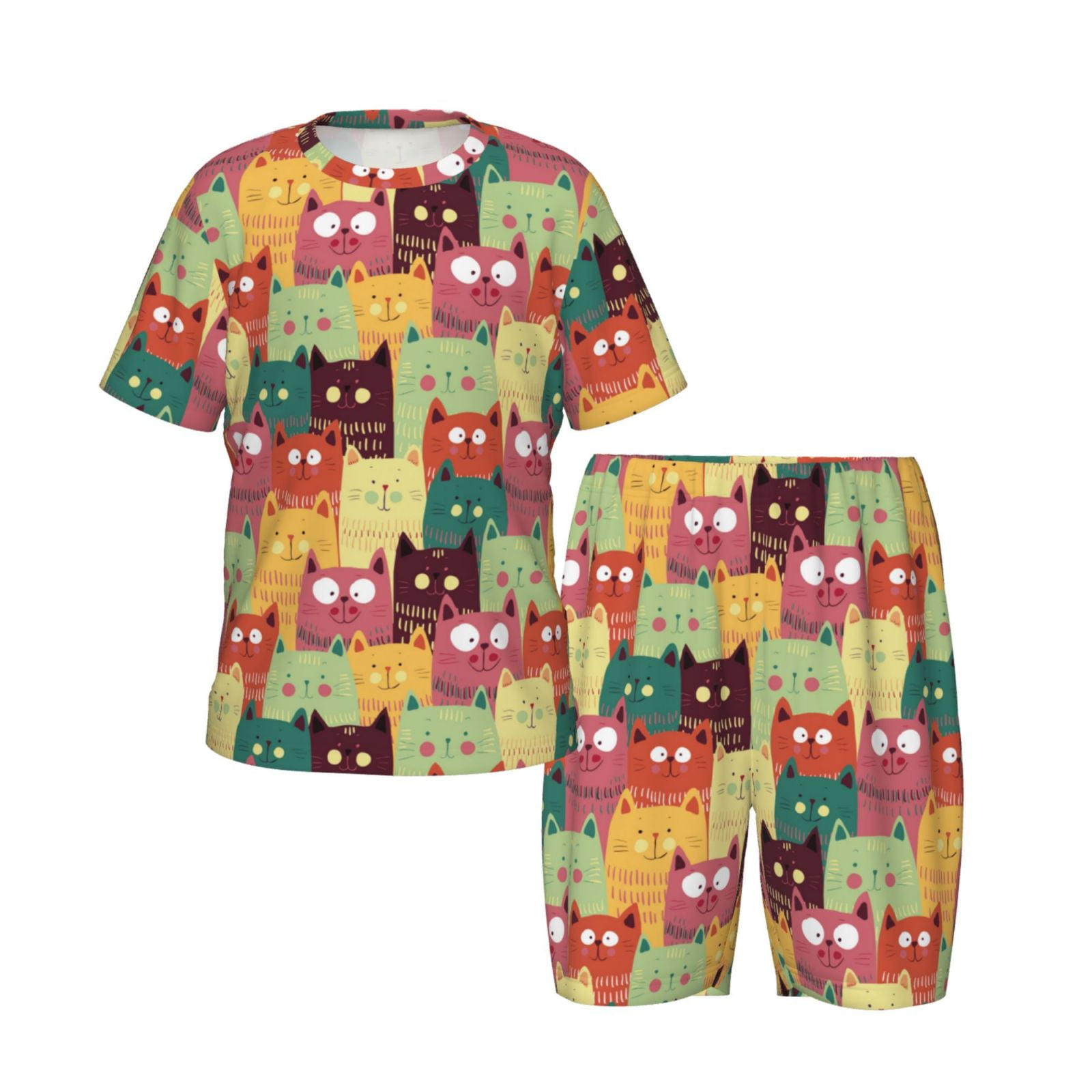 Disketp Cute Cartoon Cat for Kids Short Sleeve Pajamas Kids Summer Pjs ...